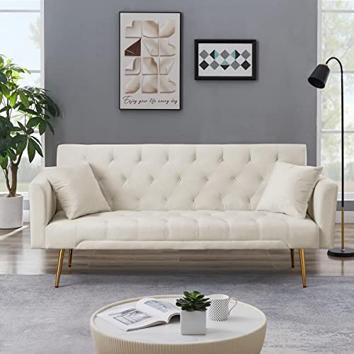 ERYE Beige 3-in-1 Upholstered Futon Loveseat Convertible Sleeper Bed,2-Seaters Sofa & Couch Soft Cushions Love Seat Daybed for Small Space Living Room Napping Velvet Metal Legs