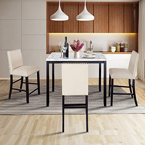 WOZNLA Room 5-Piece Modern Counter Height Set-Stylish Marble Veneer Table with Matching Chairs-Perfect for Home Kitchen Dining Experience, Beige