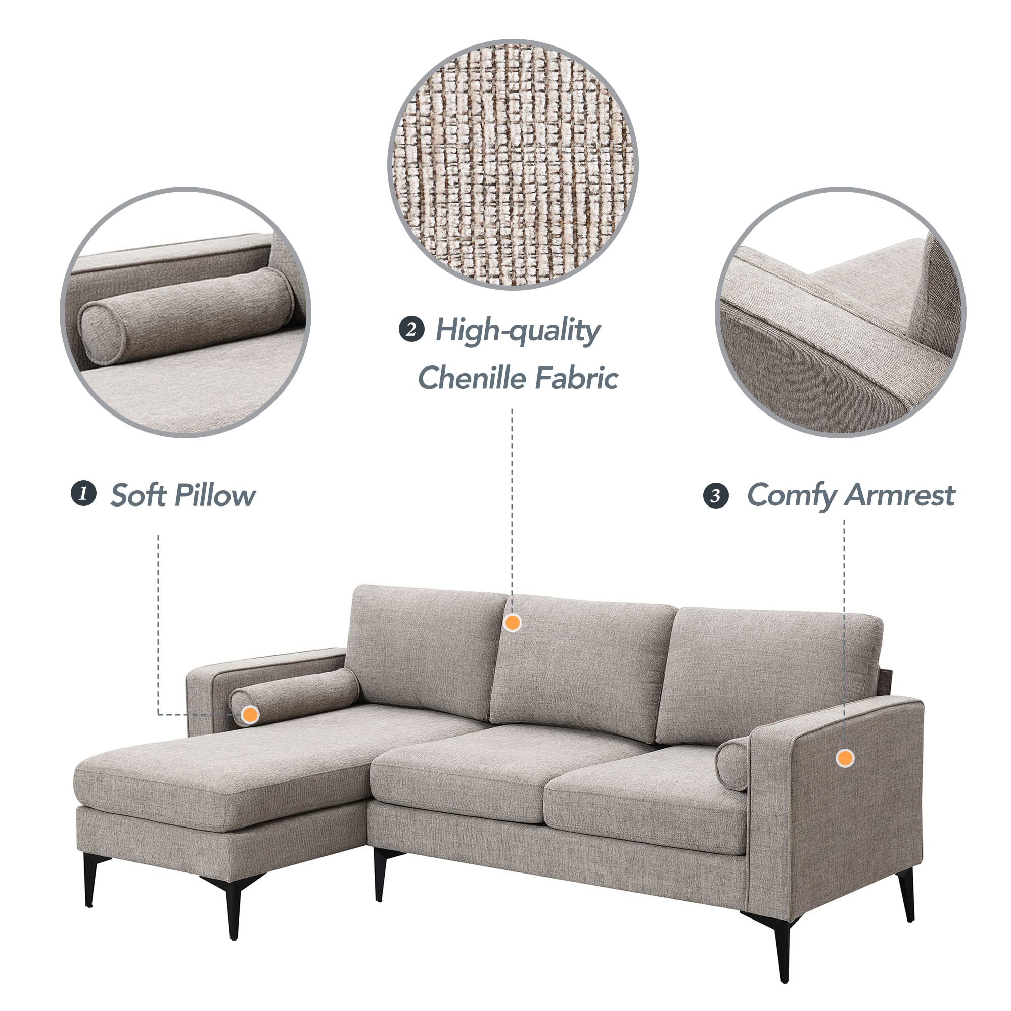 Prohon 86" L Shaped Modern Chenille Convertible Sectional Reversible Chaise Lounge and 2 Round Pillows, 4-Seat Couches Upholstered Small Space Sofas for Living Room, Apartment,Camel