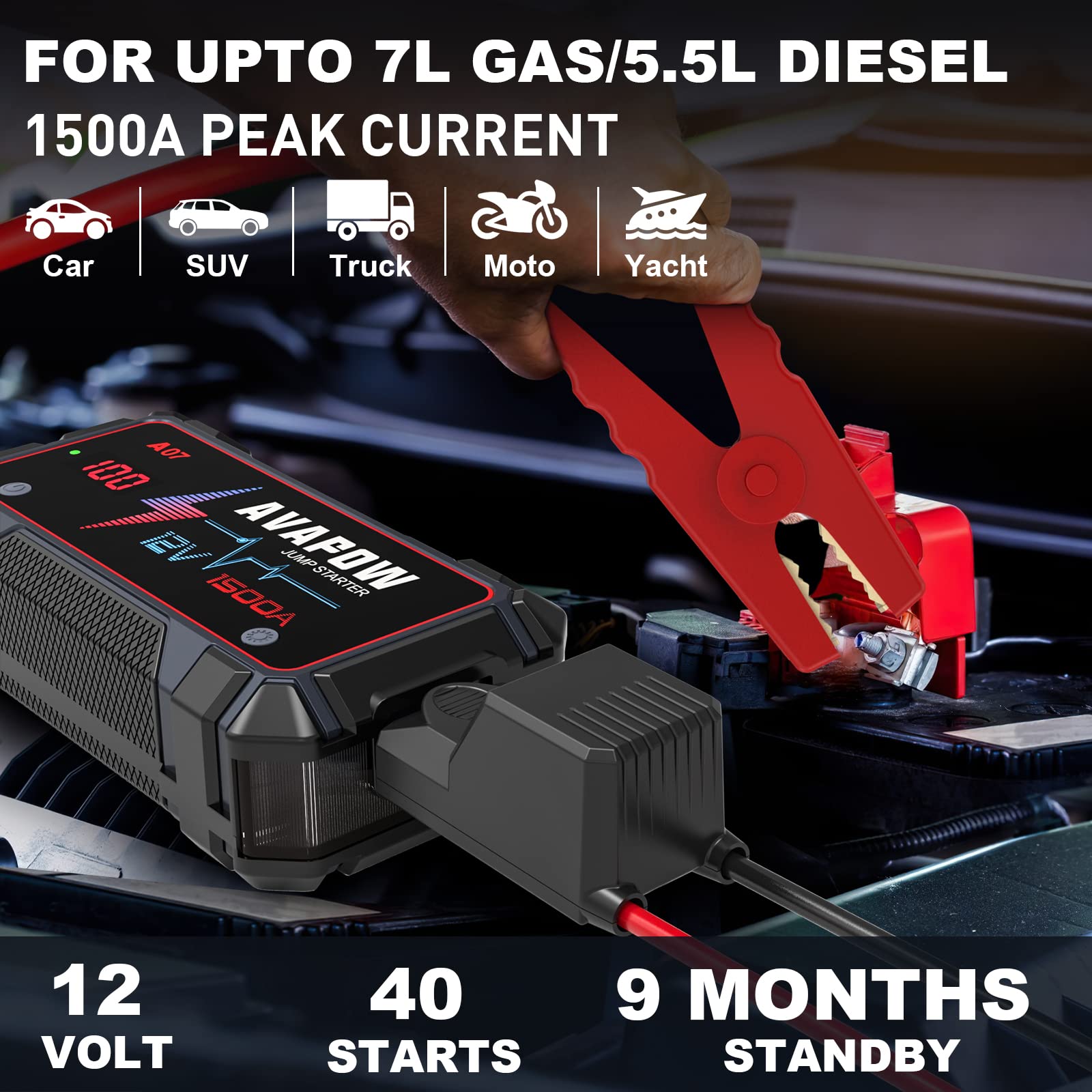 AVAPOW A07 Jump Starter 1500A with AVAPOW Wall Charger 18w for Jump Starter Charging or Phone Charging