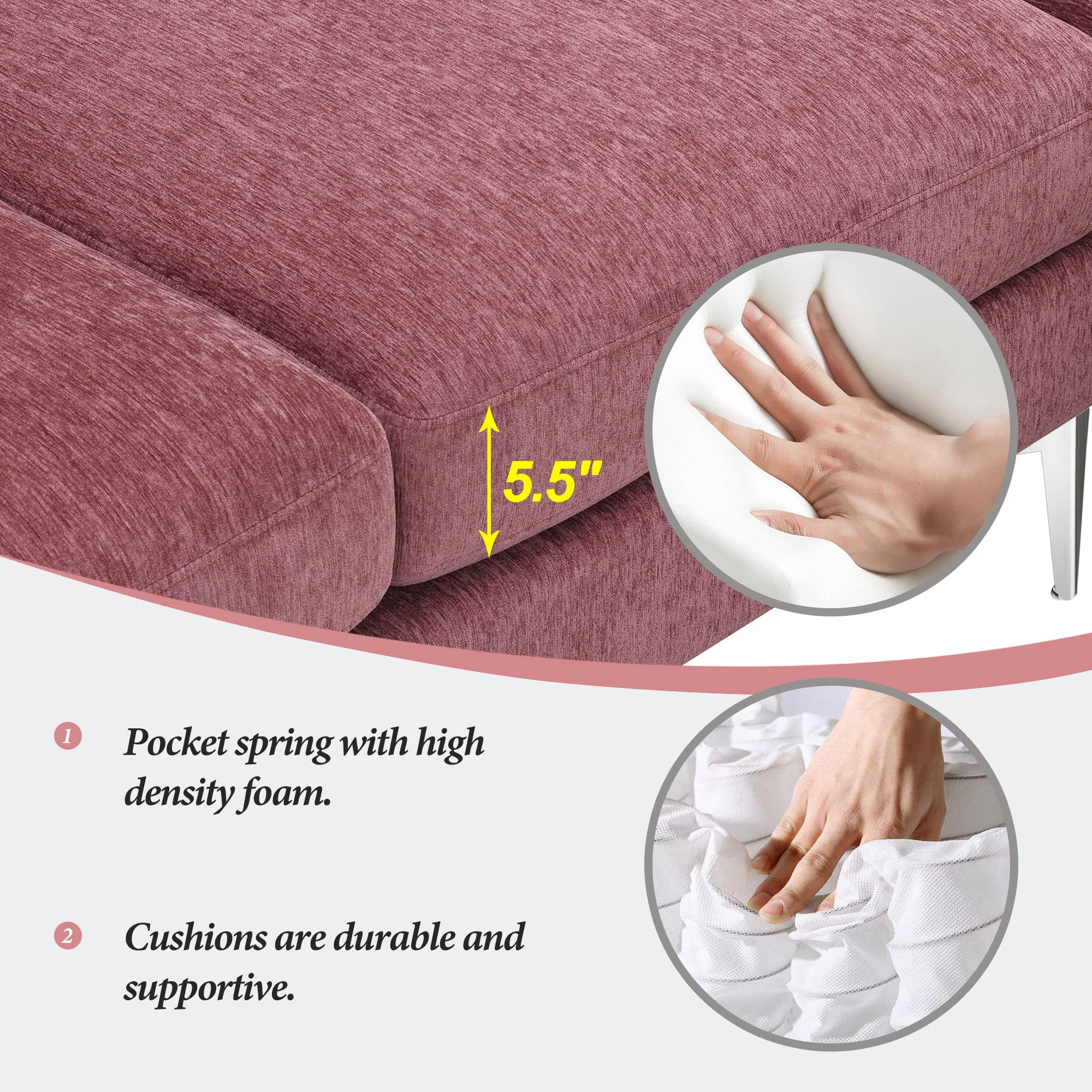 Prohon 84" L Shaped Modern Chenille Convertible Sectional Reversible Chaise Lounge and 2 Pillows, 4-Seat Couches Upholstered Small Space Sofas for Living Room,Apartment,Office, Pink