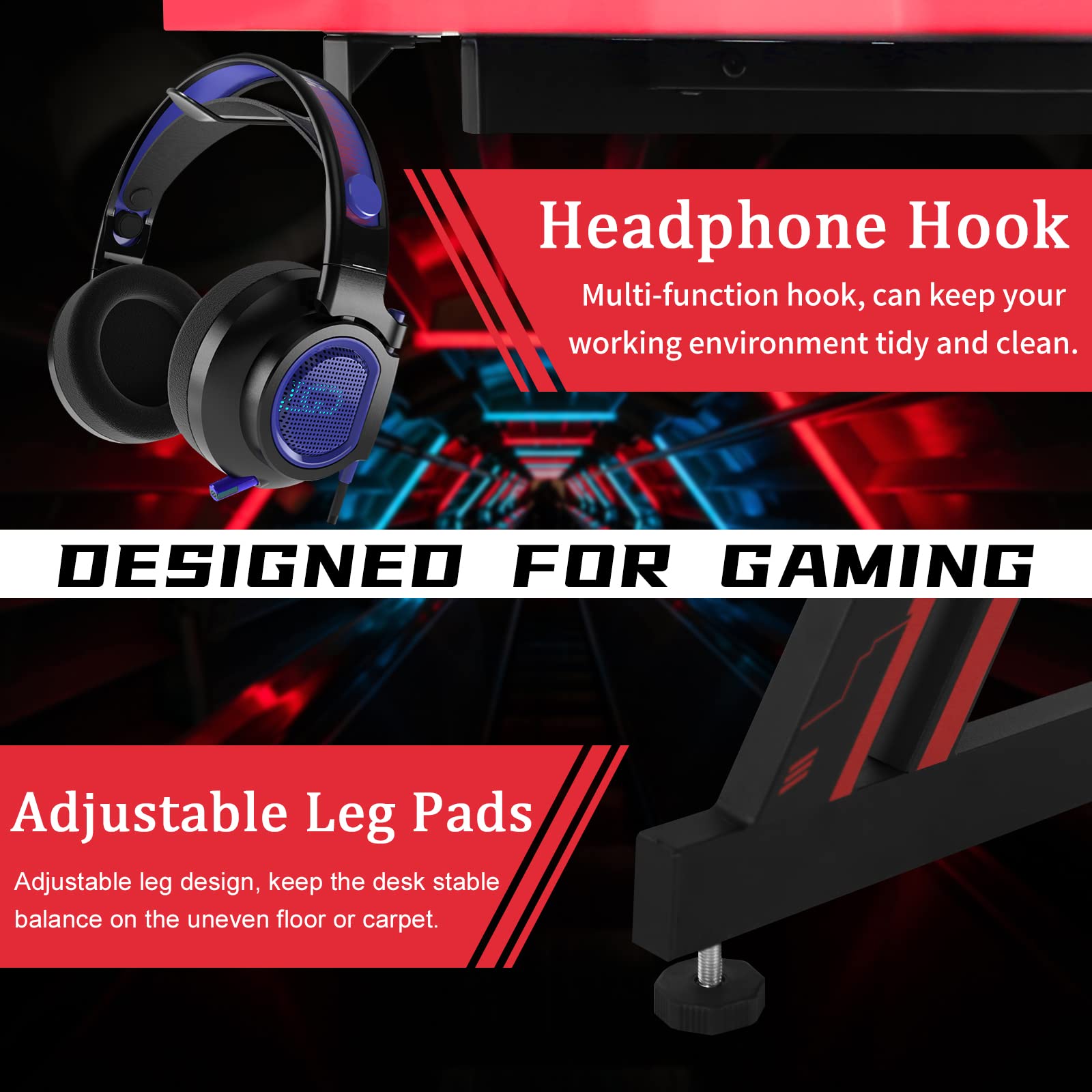 YYkokocat Small Gaming Desk 35 Inch PC Computer Desk with Headphone Hook Z Shaped Home Office Table Gamer Workstation for Small Spaces Gamer Desk Carbon Fiber Texture, Black Red