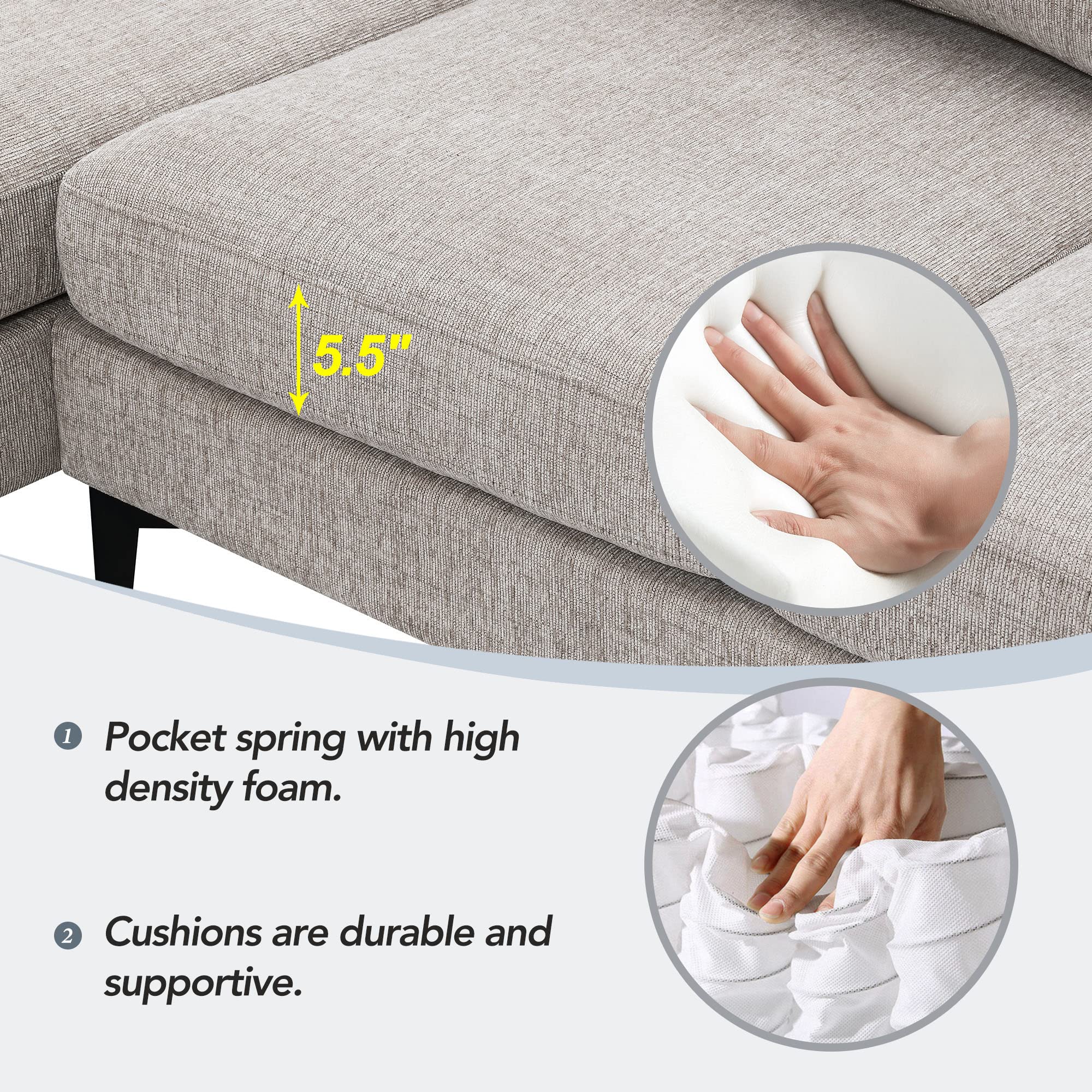 Prohon 86" L Shaped Modern Chenille Convertible Sectional Reversible Chaise Lounge and 2 Round Pillows, 4-Seat Couches Upholstered Small Space Sofas for Living Room, Apartment,Camel