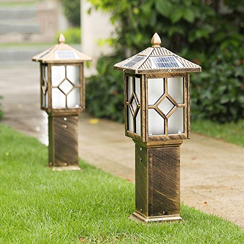 European Retro Solar Pillar Light Column Lamp Post Lamp Aluminum Metal Outdoor Glass Lantern LED Street Light for Villa Community Park School Courtyard Lawn Decoration