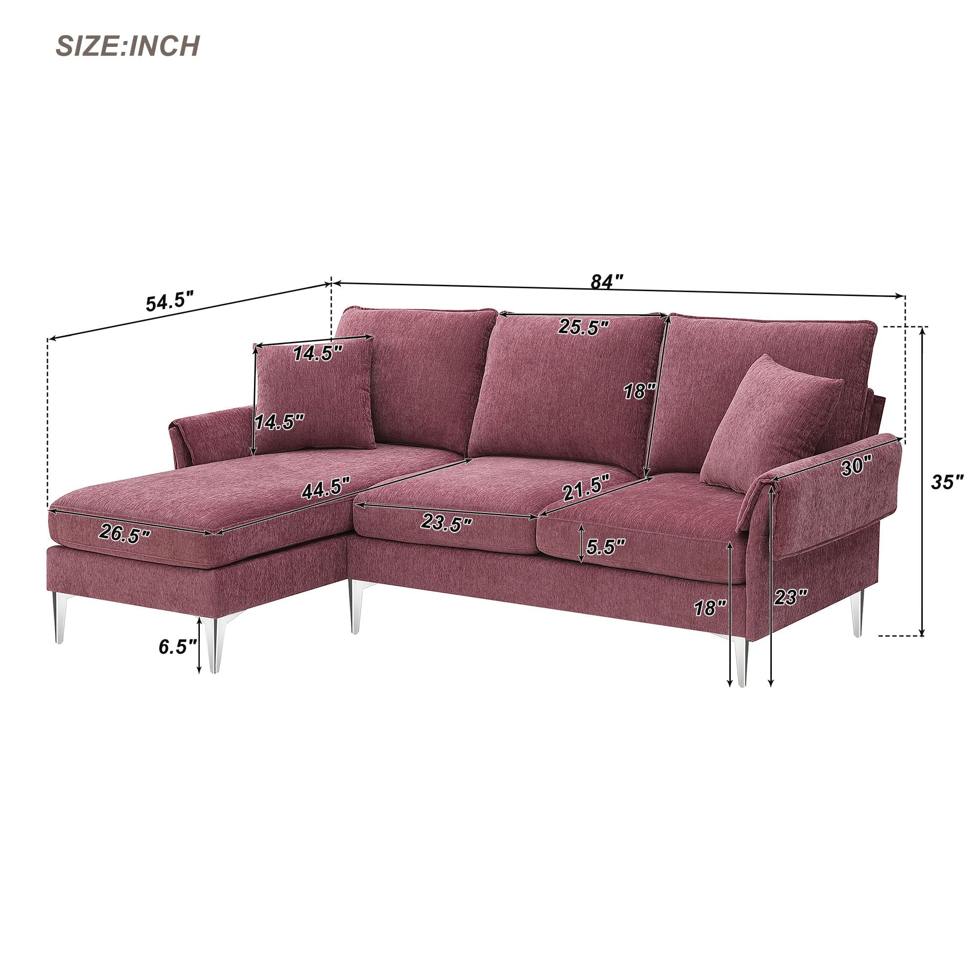 Prohon 84" L Shaped Modern Chenille Convertible Sectional Reversible Chaise Lounge and 2 Pillows, 4-Seat Couches Upholstered Small Space Sofas for Living Room,Apartment,Office, Pink
