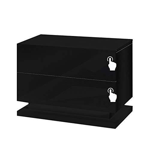 CNCEST Bedroom LED Nightstand, Modern High Gloss Nightstand Side End Table, Nightstand Storage Cabinet, Table Cabinet with 2 Drawers for Living Room Bedroom (Black-50x35x43cmcm)