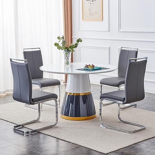 HomVent Faux Marble Pedestal Base Dining Table, 63β Contemporary Style Rectangle Kitchen Table Dining Room Table with Silver Wood U-Base for Dining Room, Living Room (Gray) (47.24β White)