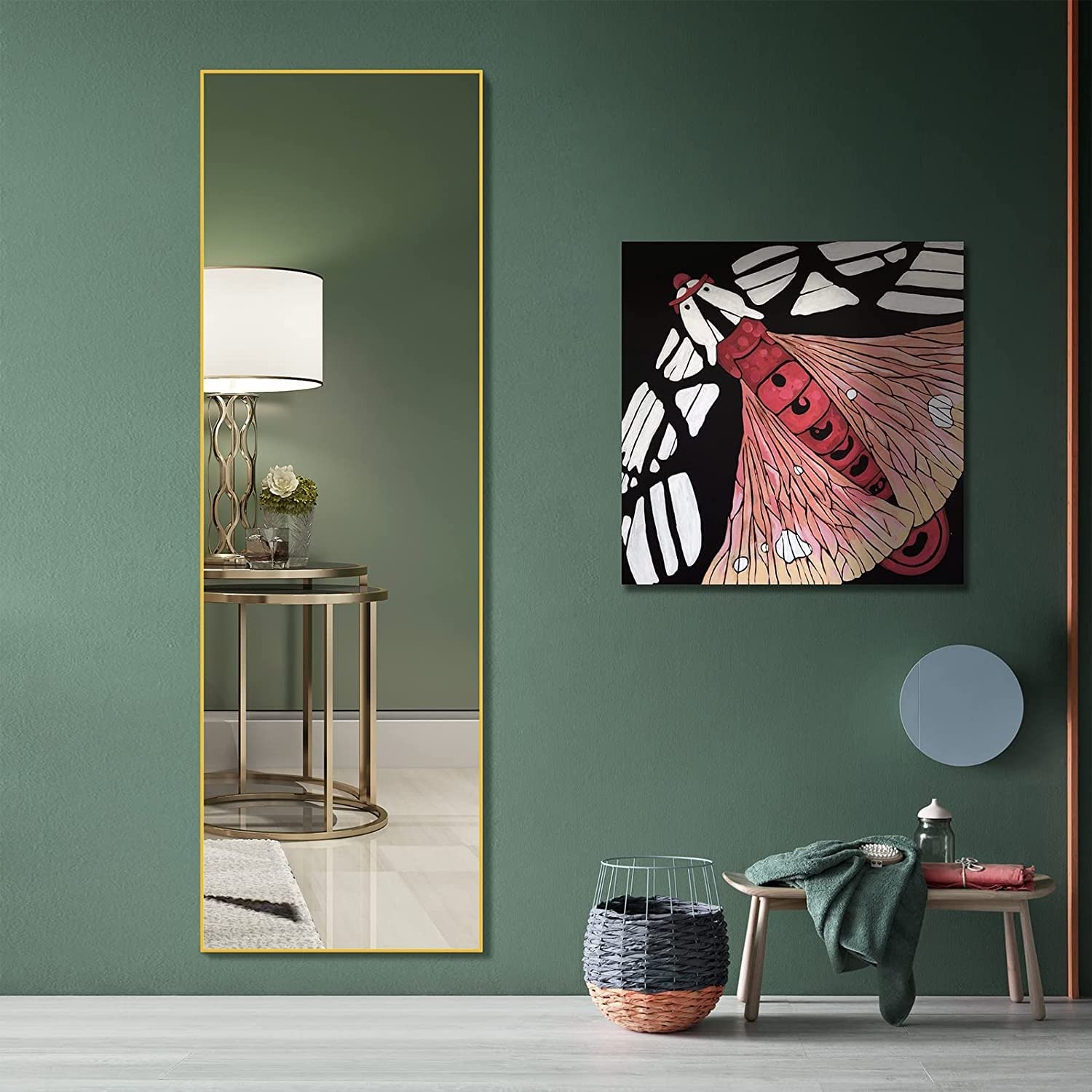 OBIOZZ Bedroom Floor Standing Mirror Full Length Mirror 60 × 16 Inches, Gold Standing Body Mirror, Floor Mirror, Standing Hanging or Leaning
