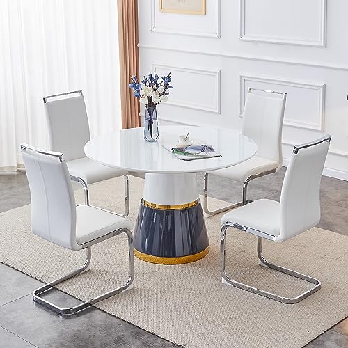 HomVent Faux Marble Pedestal Base Dining Table, 63β Contemporary Style Rectangle Kitchen Table Dining Room Table with Silver Wood U-Base for Dining Room, Living Room (Gray) (47.24β White)