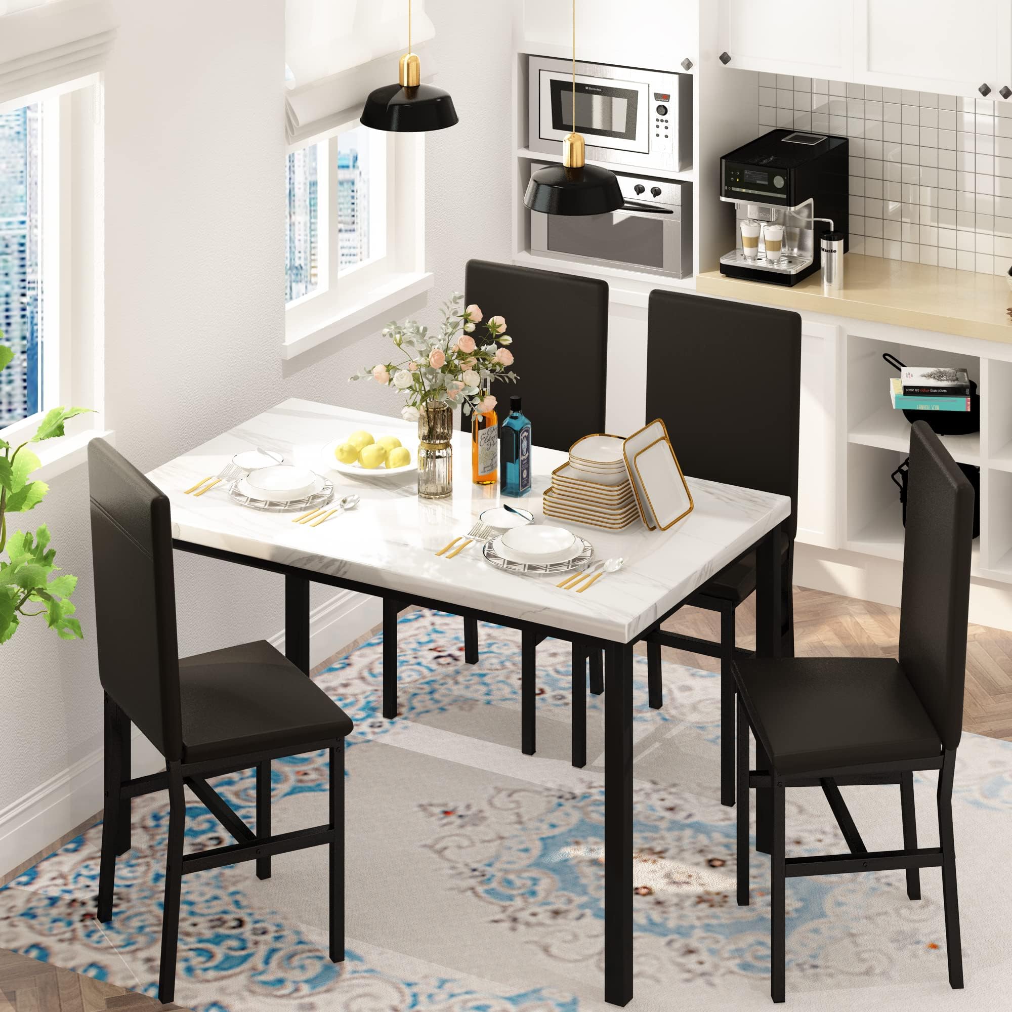 Hooseng Modern 5 Piece Dining Room Furniture Set - White Table with Faux Marble Top and PU Leather Chairs for 4, Apartment, Home Bar, Small Spaces