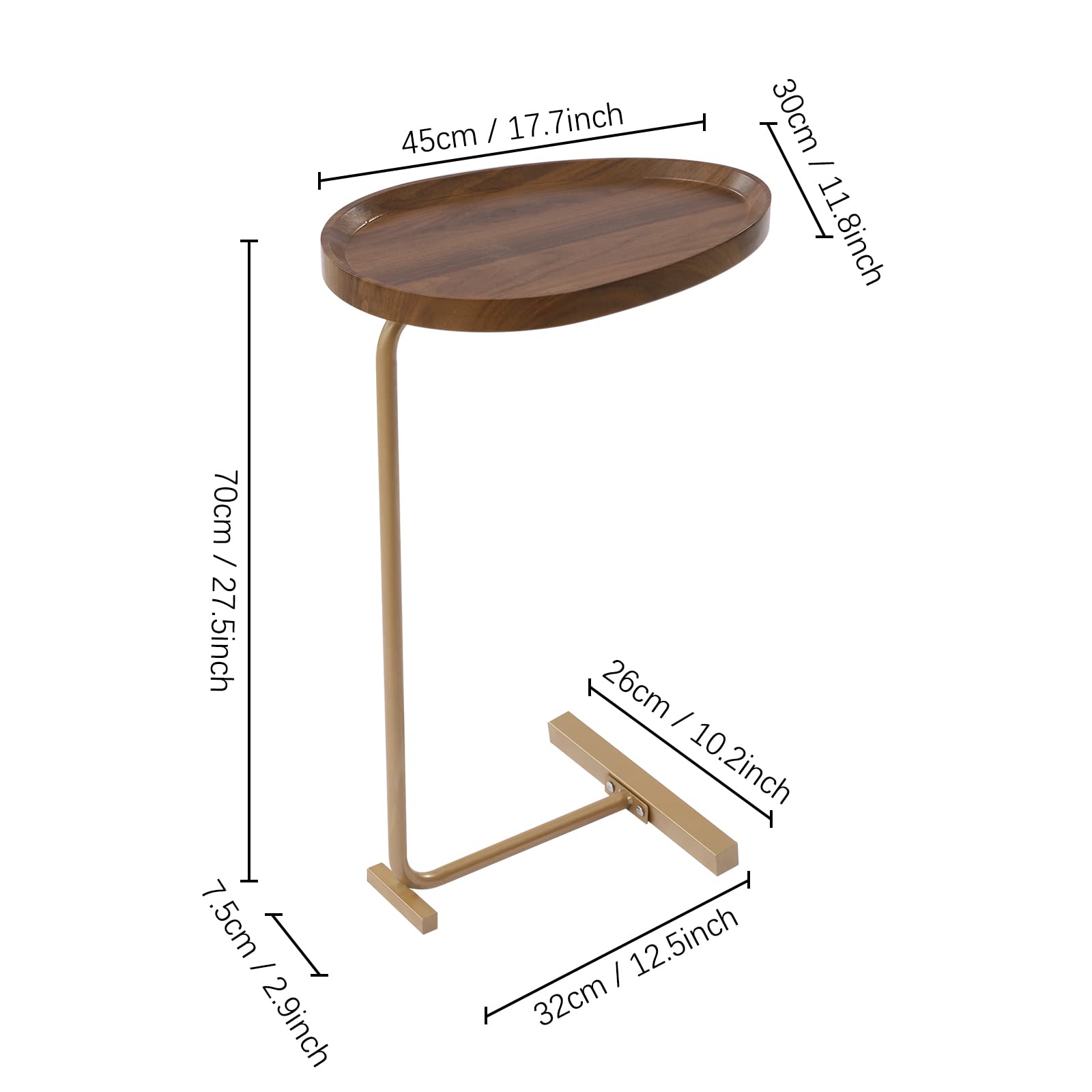 C-Shaped End Table, Small Side End Table for Sofa, Snack Drink TV Tray, Couch Table for Living Room Bedroom, Bedside, Modern Simplicity, Metal and Wood
