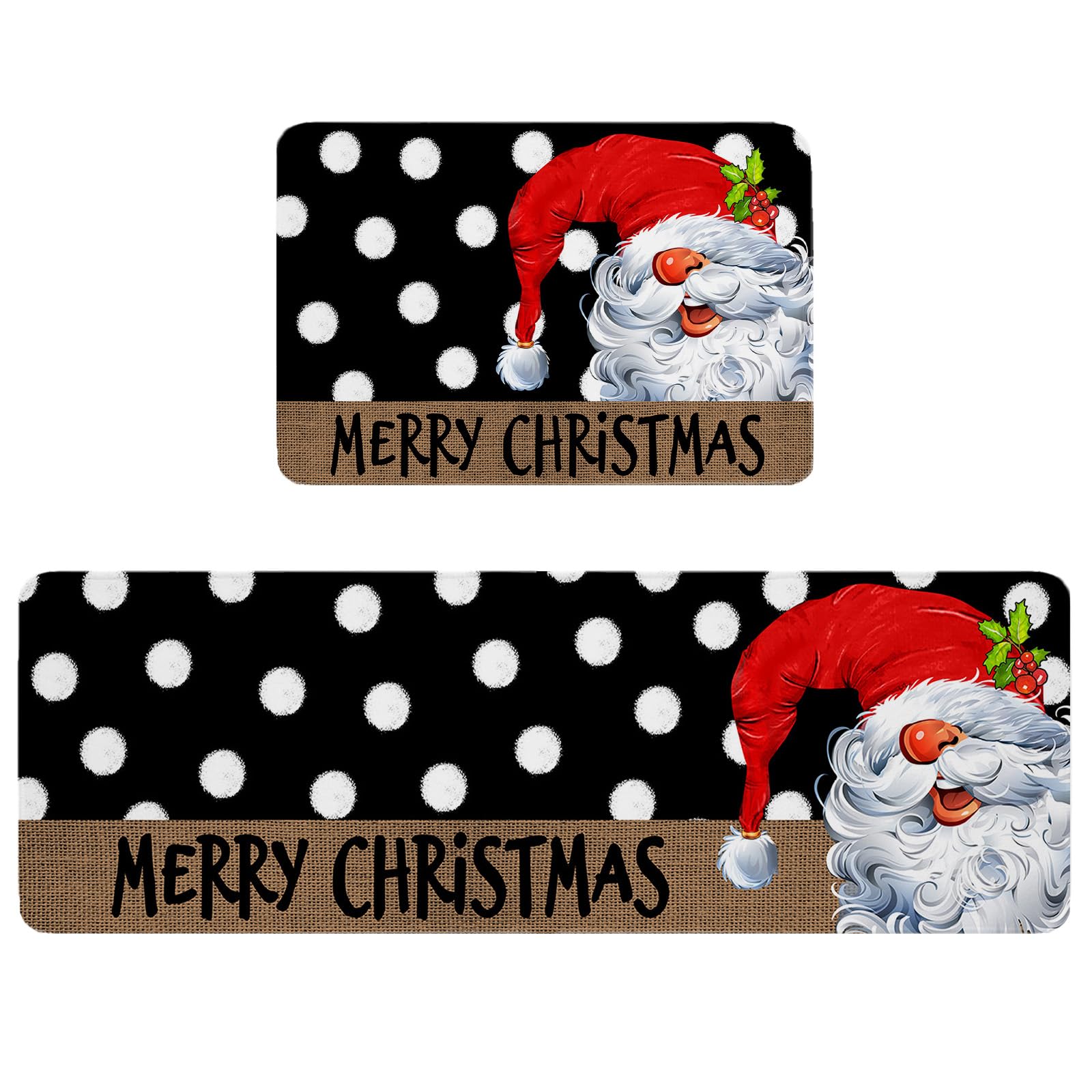 Libaoge Merry Christmas Kitchen Mat Rug Set of 2 Gnome Wearing A Red Hat Black Runner Rug Anti-Fatigue Comfort Memory Foam Standing Mat Non-Slip Floor Door Mat for Bathroom Bedroom 18x30in+18x48in