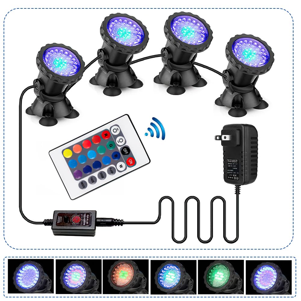 SOAMOEU Set of 4 RGB Color Changing Spotlights, Pond Lights LED Underwater Fountain Lights, IP68 Waterproof Diving Lights, Brightness, Color Changing Speed Adjustable, Base with Suction Cup