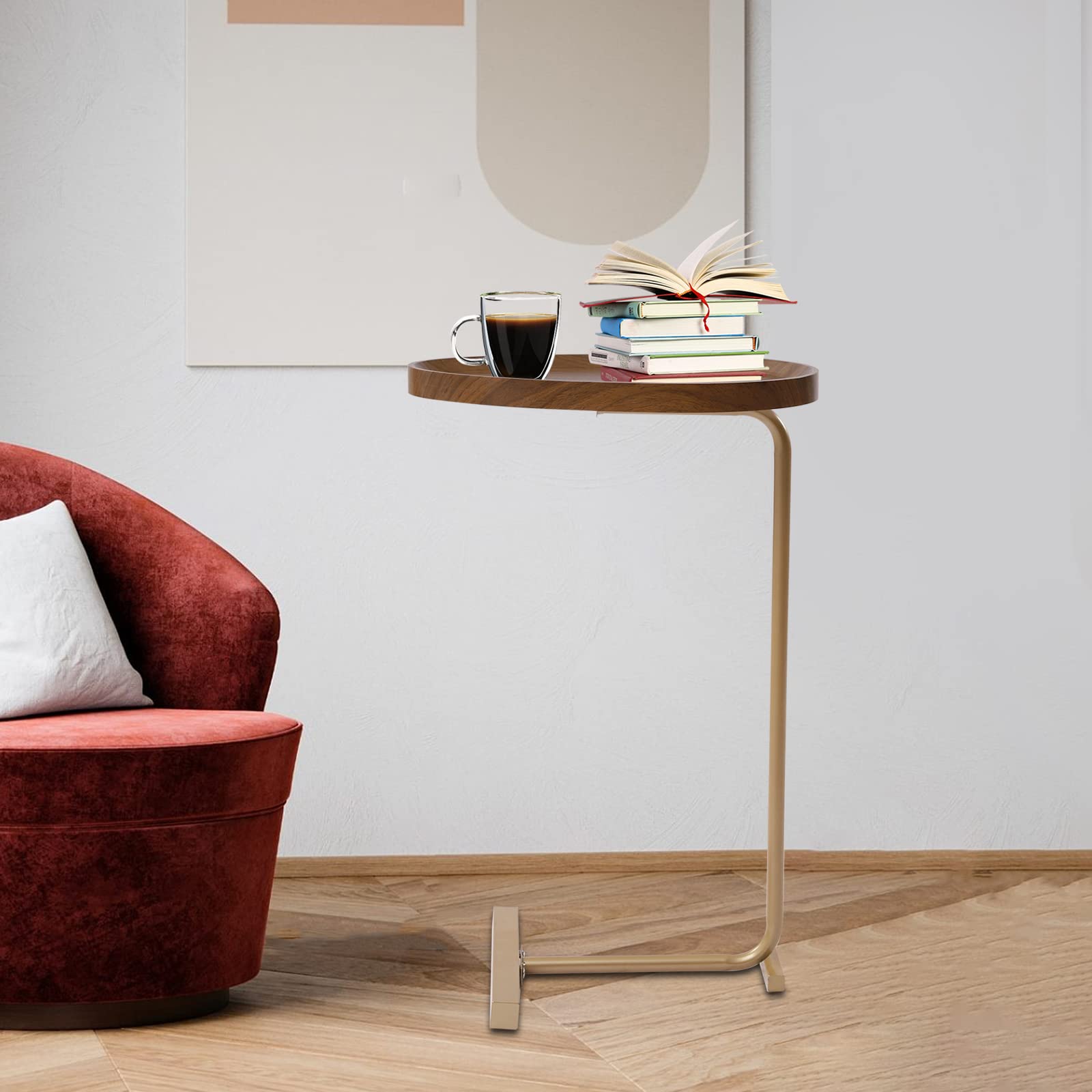 C-Shaped End Table, Small Side End Table for Sofa, Snack Drink TV Tray, Couch Table for Living Room Bedroom, Bedside, Modern Simplicity, Metal and Wood