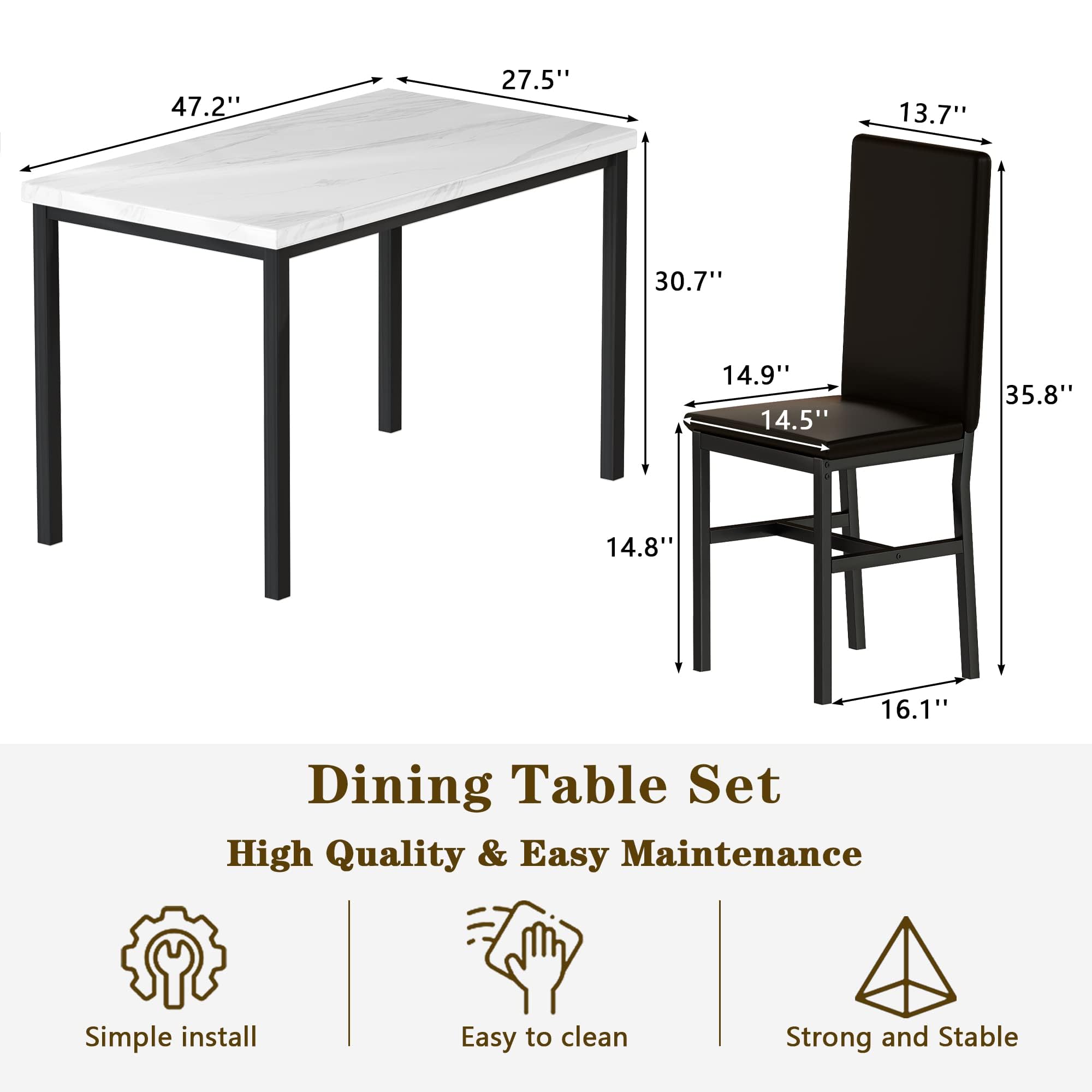 Hooseng Modern 5 Piece Dining Room Furniture Set - White Table with Faux Marble Top and PU Leather Chairs for 4, Apartment, Home Bar, Small Spaces