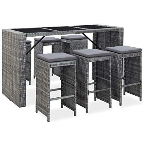 MBFLUUML Outdoor Patio Furniture Dining Set, Patio Dining Sets, 7 Piece Patio Bar Set with Cushions Poly Rattan Gray Suitable for Patio, Porch, Backyard, Balcony.