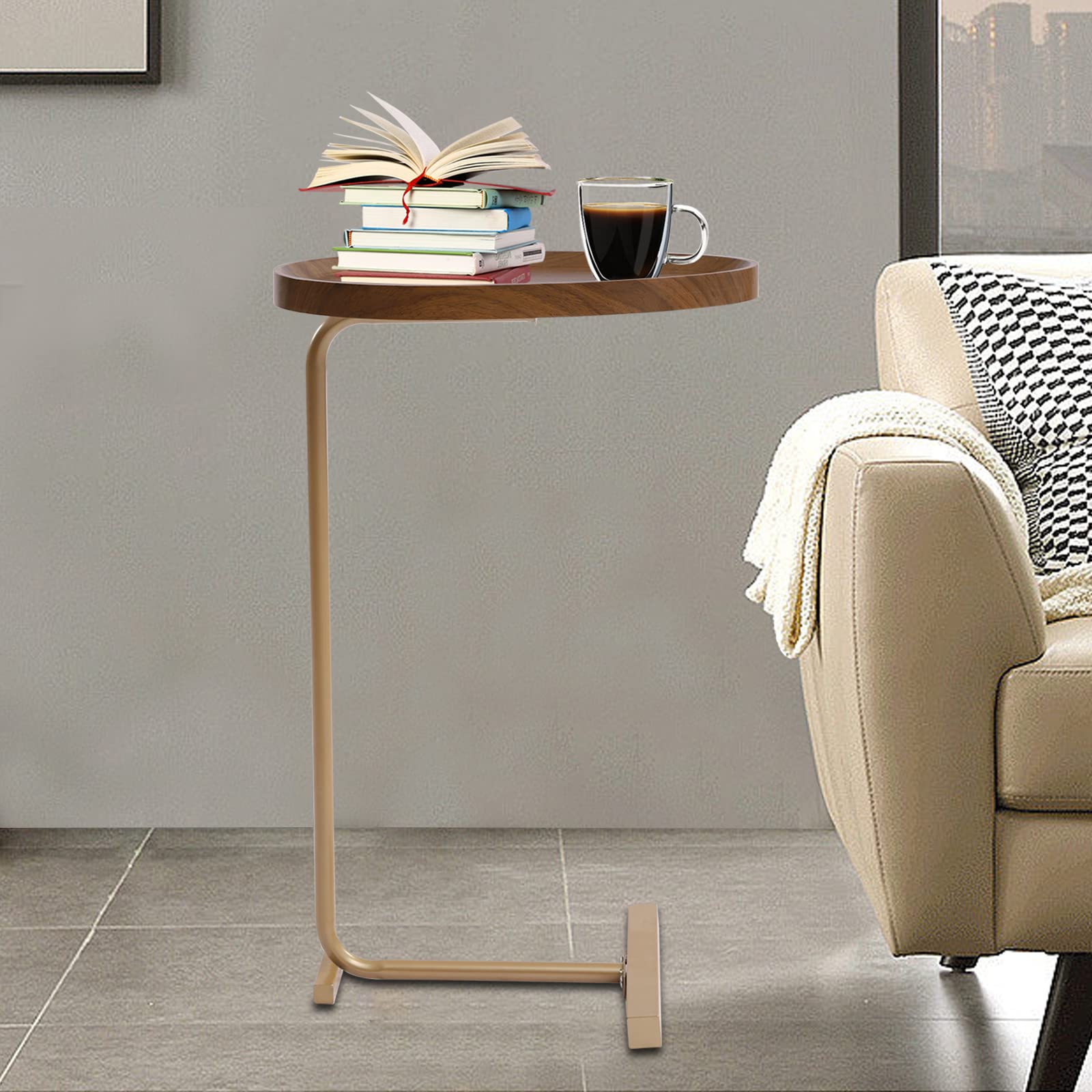 C-Shaped End Table, Small Side End Table for Sofa, Snack Drink TV Tray, Couch Table for Living Room Bedroom, Bedside, Modern Simplicity, Metal and Wood