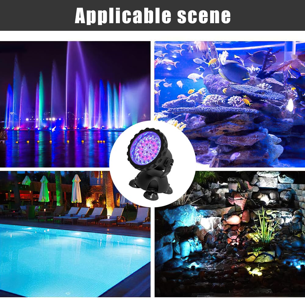 SOAMOEU Set of 4 RGB Color Changing Spotlights, Pond Lights LED Underwater Fountain Lights, IP68 Waterproof Diving Lights, Brightness, Color Changing Speed Adjustable, Base with Suction Cup