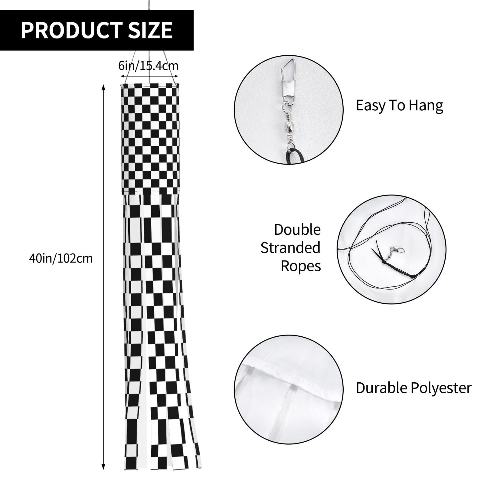 Halloween Windsock Garden Décor - Lighted 40 Inch With Lights - Fast Drying And Lightweight Christmas Holiday Without Light Black And White Checkered