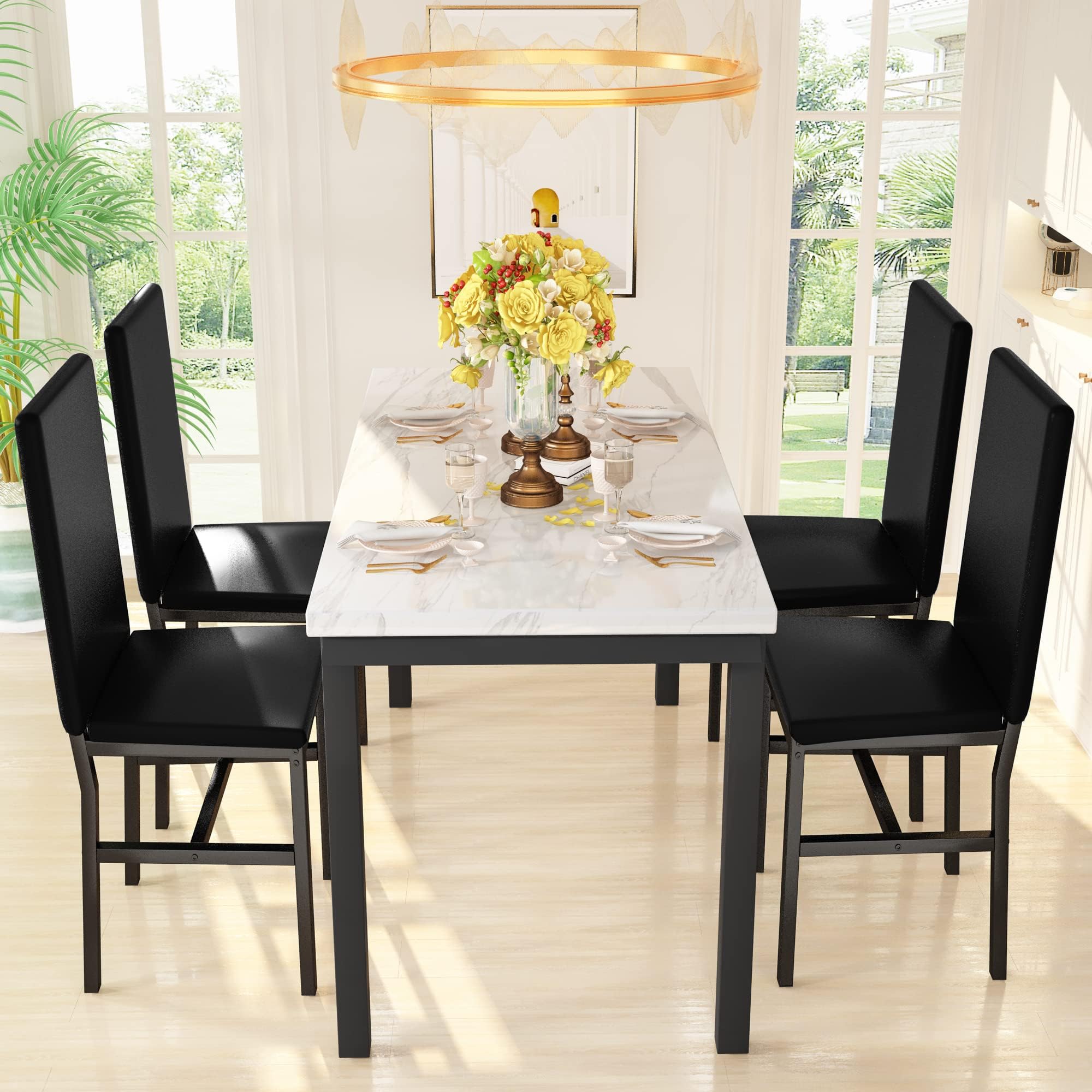 Hooseng Modern 5 Piece Dining Room Furniture Set - White Table with Faux Marble Top and PU Leather Chairs for 4, Apartment, Home Bar, Small Spaces