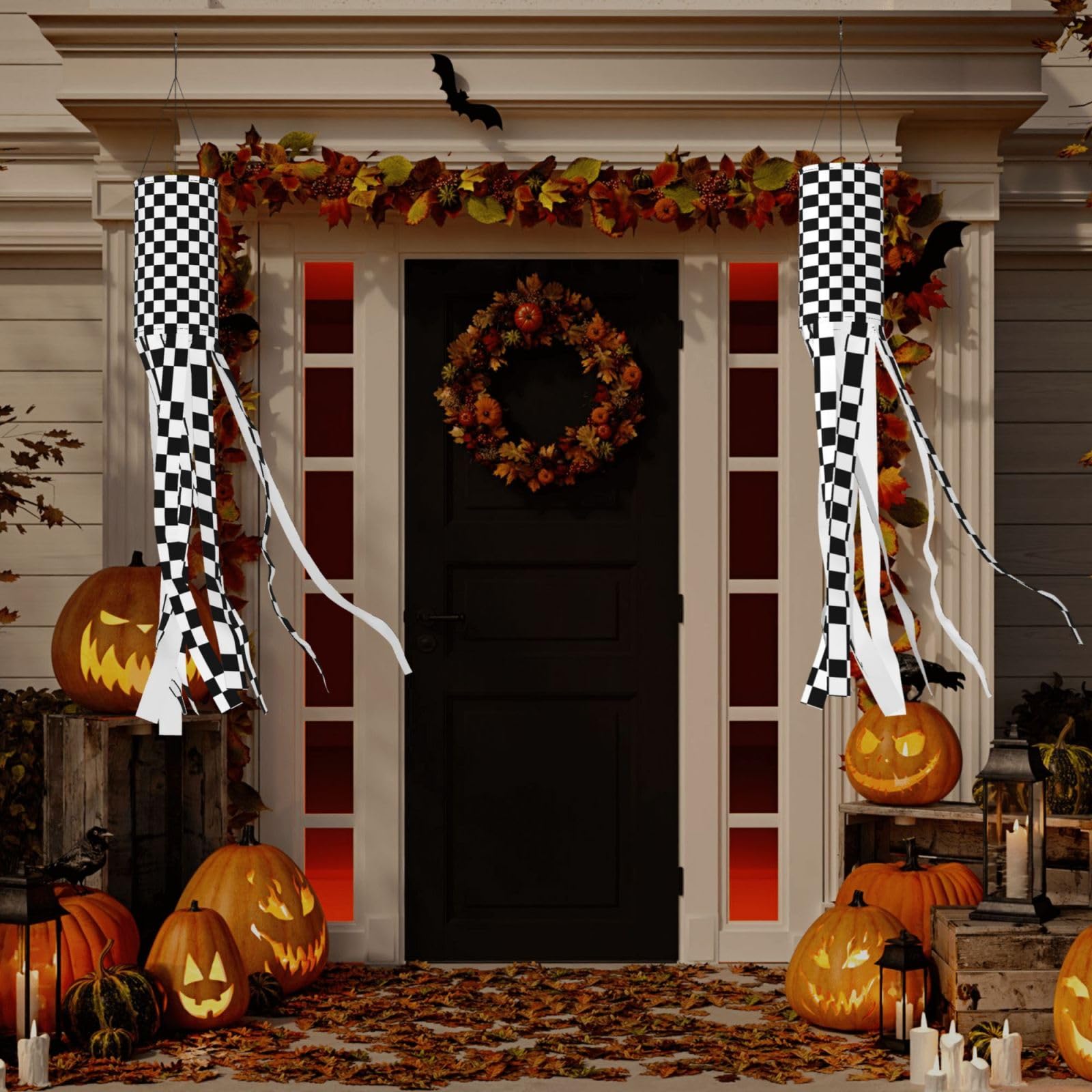 Halloween Windsock Garden Décor - Lighted 40 Inch With Lights - Fast Drying And Lightweight Christmas Holiday Without Light Black And White Checkered