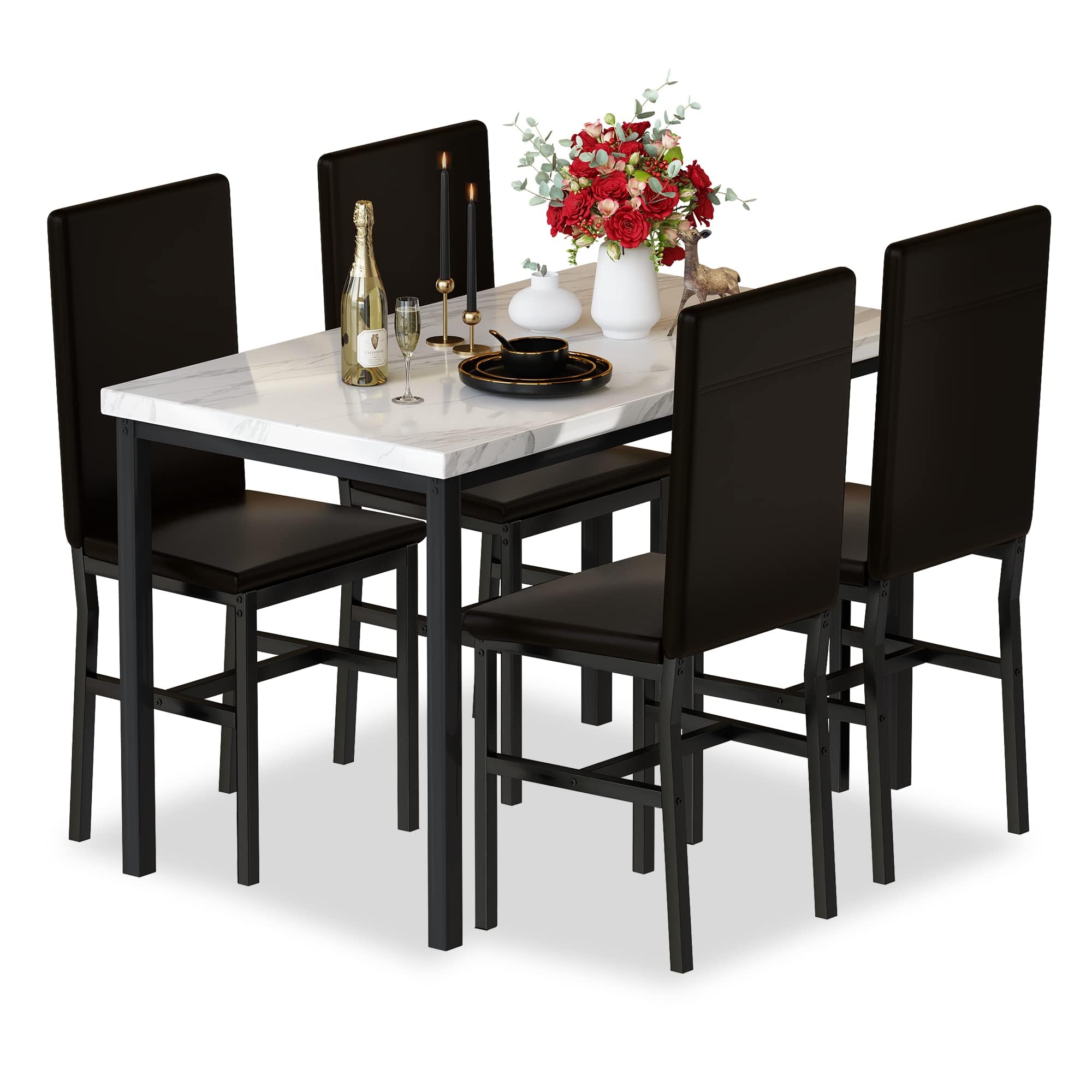 Hooseng Modern 5 Piece Dining Room Furniture Set - White Table with Faux Marble Top and PU Leather Chairs for 4, Apartment, Home Bar, Small Spaces