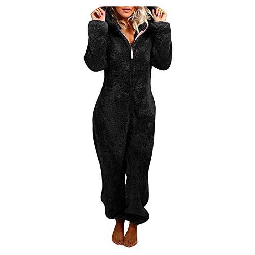 Attine 2023 Winter Warm Onesie Pajamas for Women Thick Fleece One Piece Hooded Romper Sexy Long Jumpsuit Cozy Sleepwear LoungewearFuzzy Pajamas Pants for Women