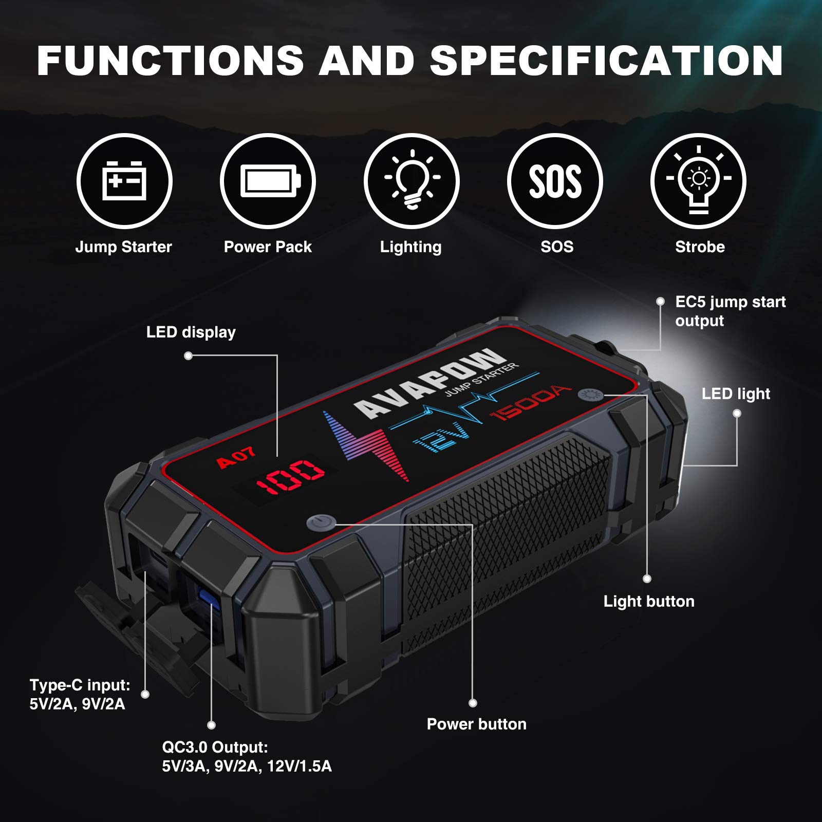 AVAPOW A07 Jump Starter 1500A with AVAPOW Wall Charger 18w for Jump Starter Charging or Phone Charging