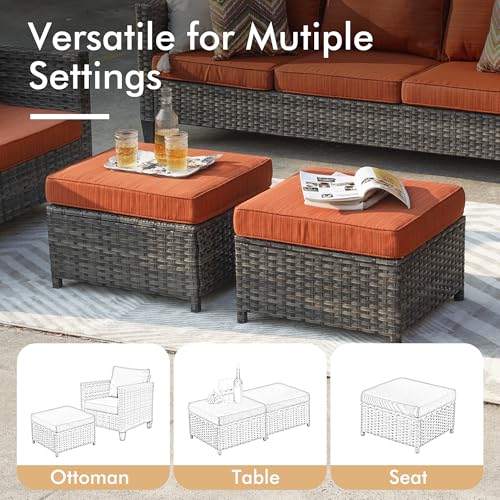 XIZZI Patio Furniture Set Outdoor All Weather Wicker 7 Pieces Conversation Sofa with High Back Swivel Rocking Chairs Matching Side Table,Ottomans and Coffee Table,Brown Wicker Orange Red