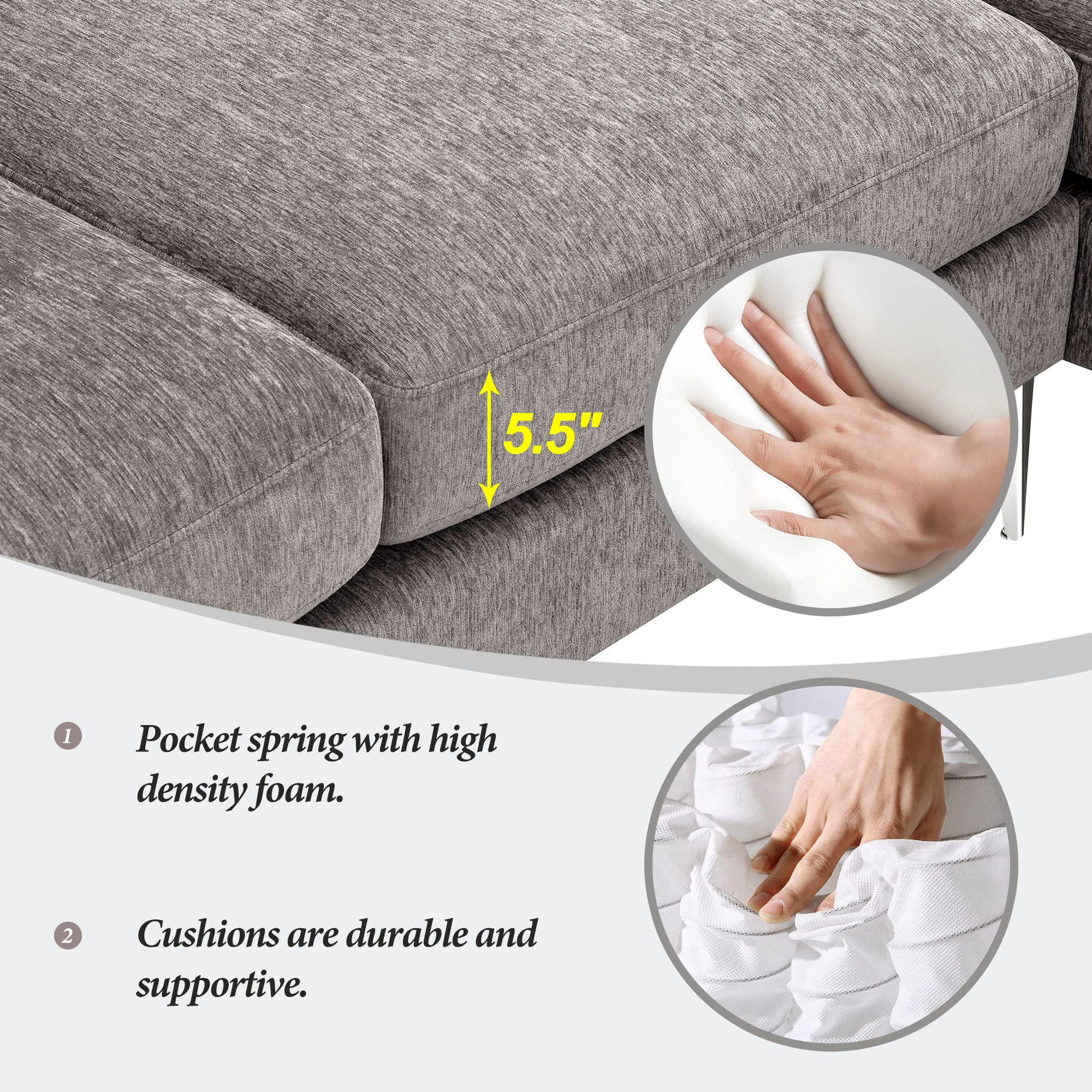 Prohon 84" L Shaped Modern Chenille Convertible Sectional Reversible Chaise Lounge and 2 Pillows, 4-Seat Couches Upholstered Small Space Sofas for Living Room,Apartment,Office, Grey