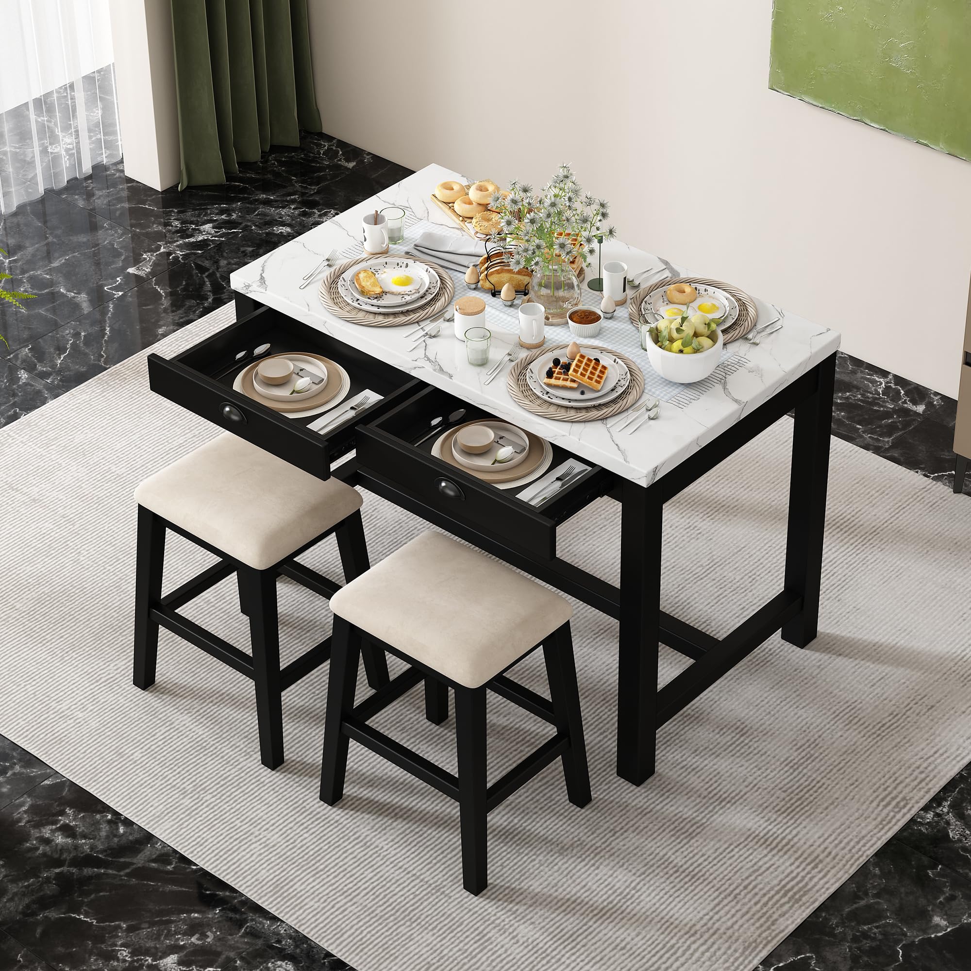 Bellemave 3-Piece Modern Console Table Set with Bar Table, 2 Stools, Storage Drawers, Faux Marble Top for Kitchen, Dining Room (Black)