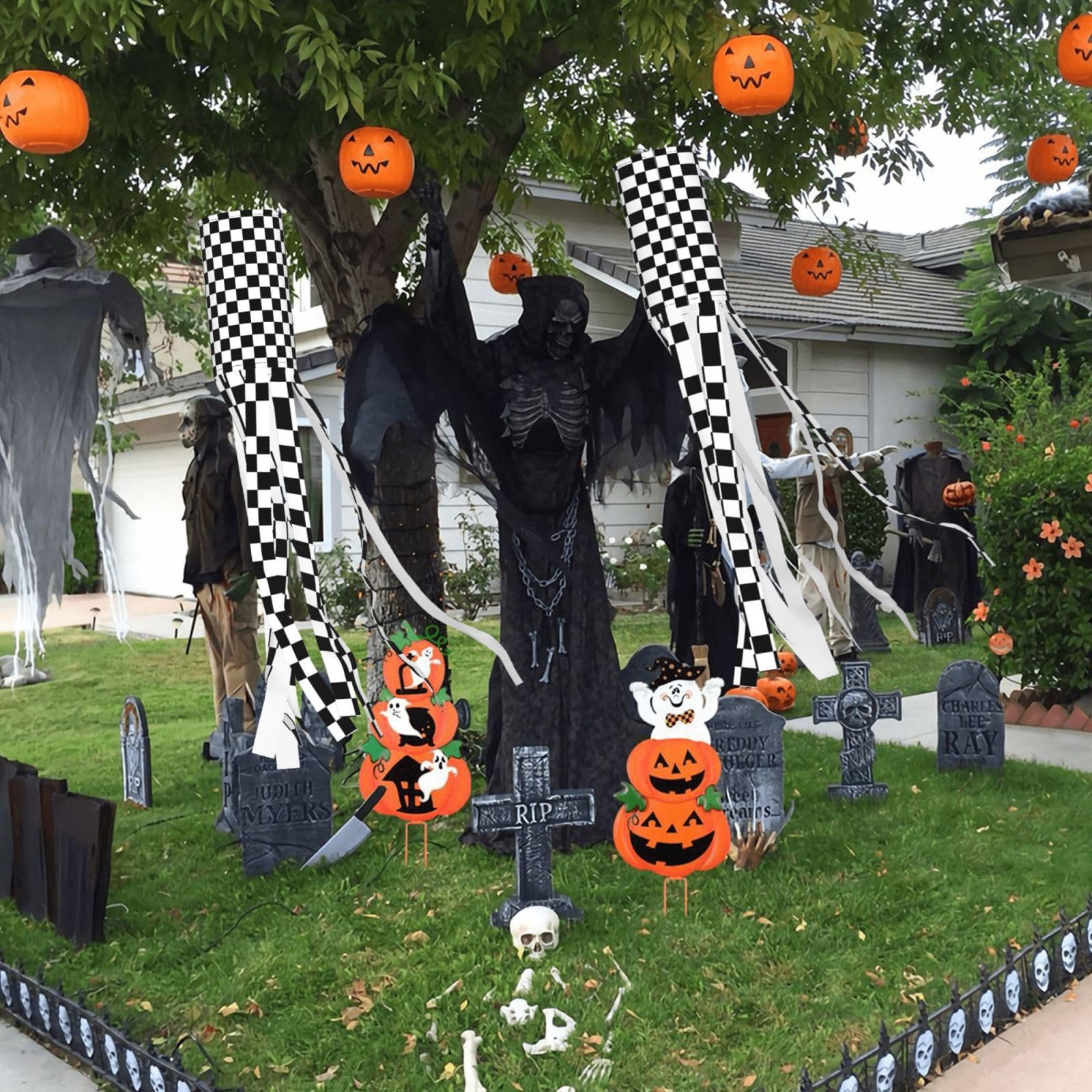 Halloween Windsock Garden Décor - Lighted 40 Inch With Lights - Fast Drying And Lightweight Christmas Holiday Without Light Black And White Checkered
