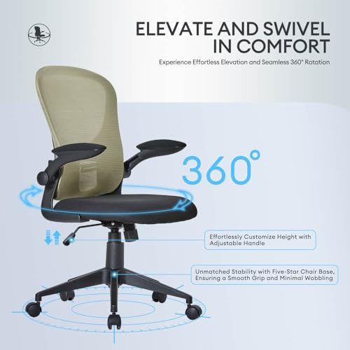 Office Chair, Breathable Mesh Desk Chair, Comfortable Ergonomic Computer Chair with Thick Cushion, Adjustable Lumbar Support and 90° Flip Up Armrest (Yellow)