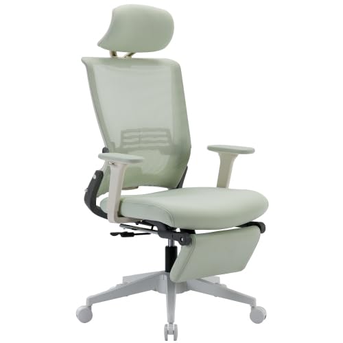Ergonomic Mesh High Back Desk Chair, Adjustable Headrest Office Chair with 5d armrest and Foot Rest, tilt Function max 128° Computer Desk Swivel Chair with Wheels (Green)