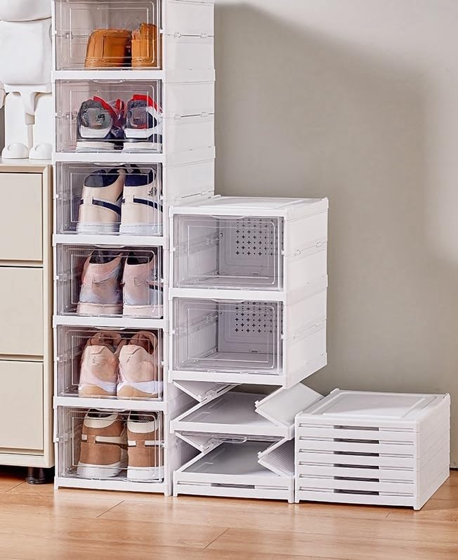 ALTUY 1 Piece Shoe Organizer, Foldable Space Saving Shoe Rack, Clear Plastic Stackable Shoe Organizer for Sports Shoe and Boot Organizer, Shoe Display Boxes