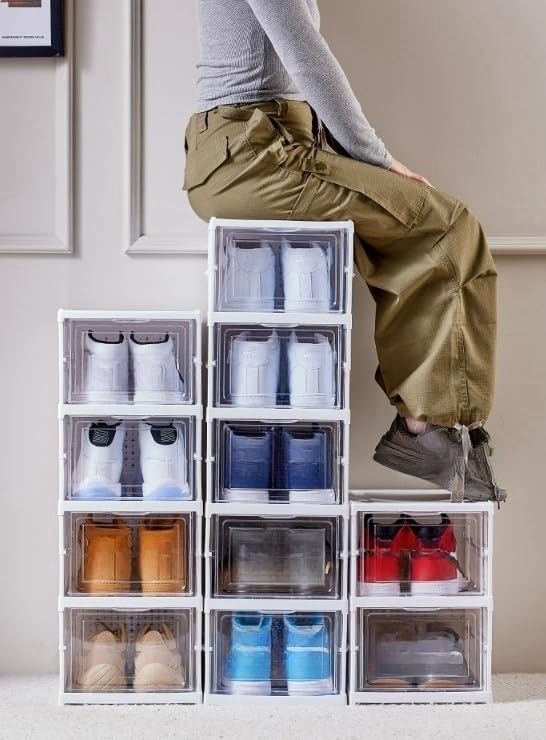 ALTUY 1 Piece Shoe Organizer, Foldable Space Saving Shoe Rack, Clear Plastic Stackable Shoe Organizer for Sports Shoe and Boot Organizer, Shoe Display Boxes