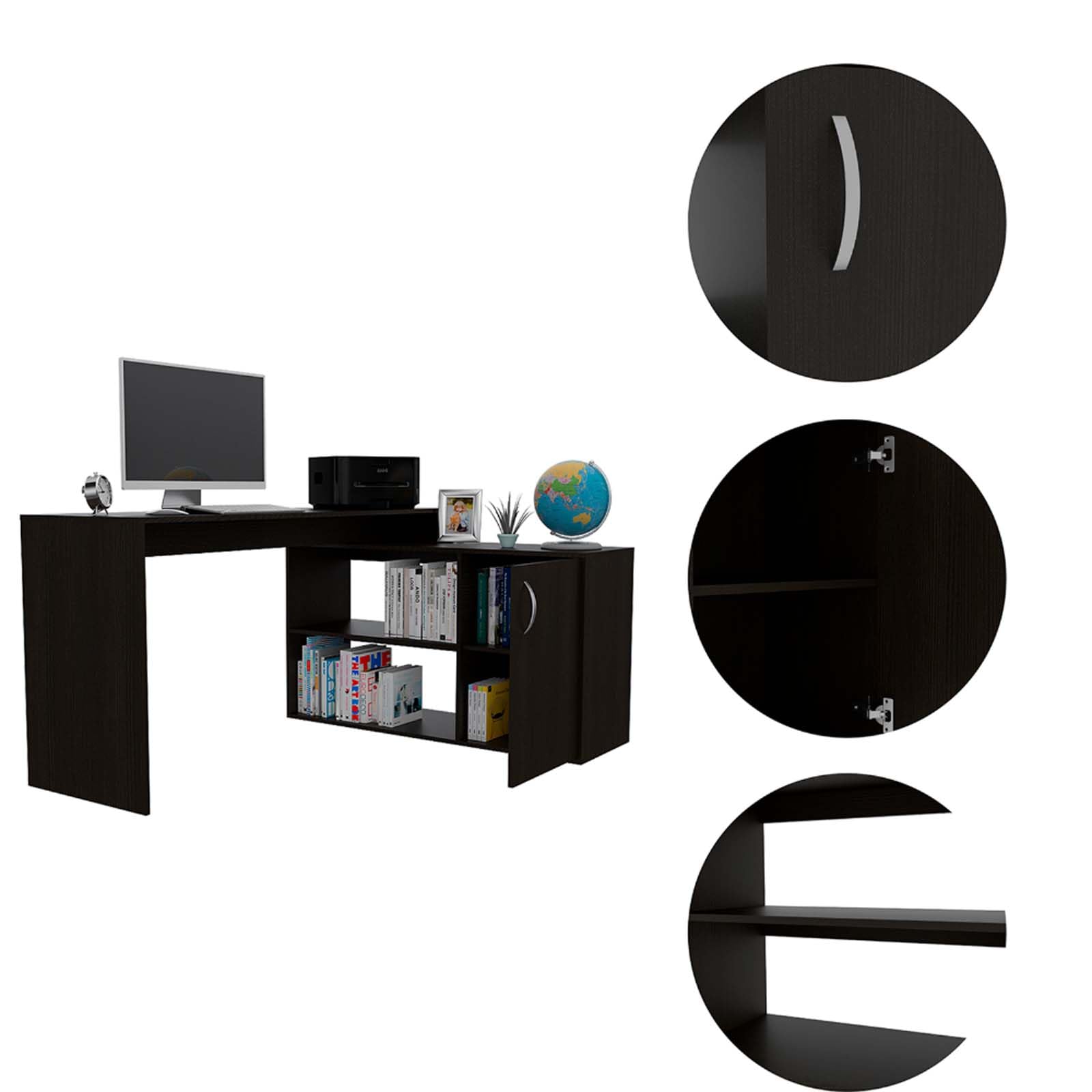 60 Inch L Shaped Desk with Closed Storages, L Shaped Computer Desk with Storage Rack, Corner Home Office Desk for PC Executive Writing Study Work, Bedroom Computer Table