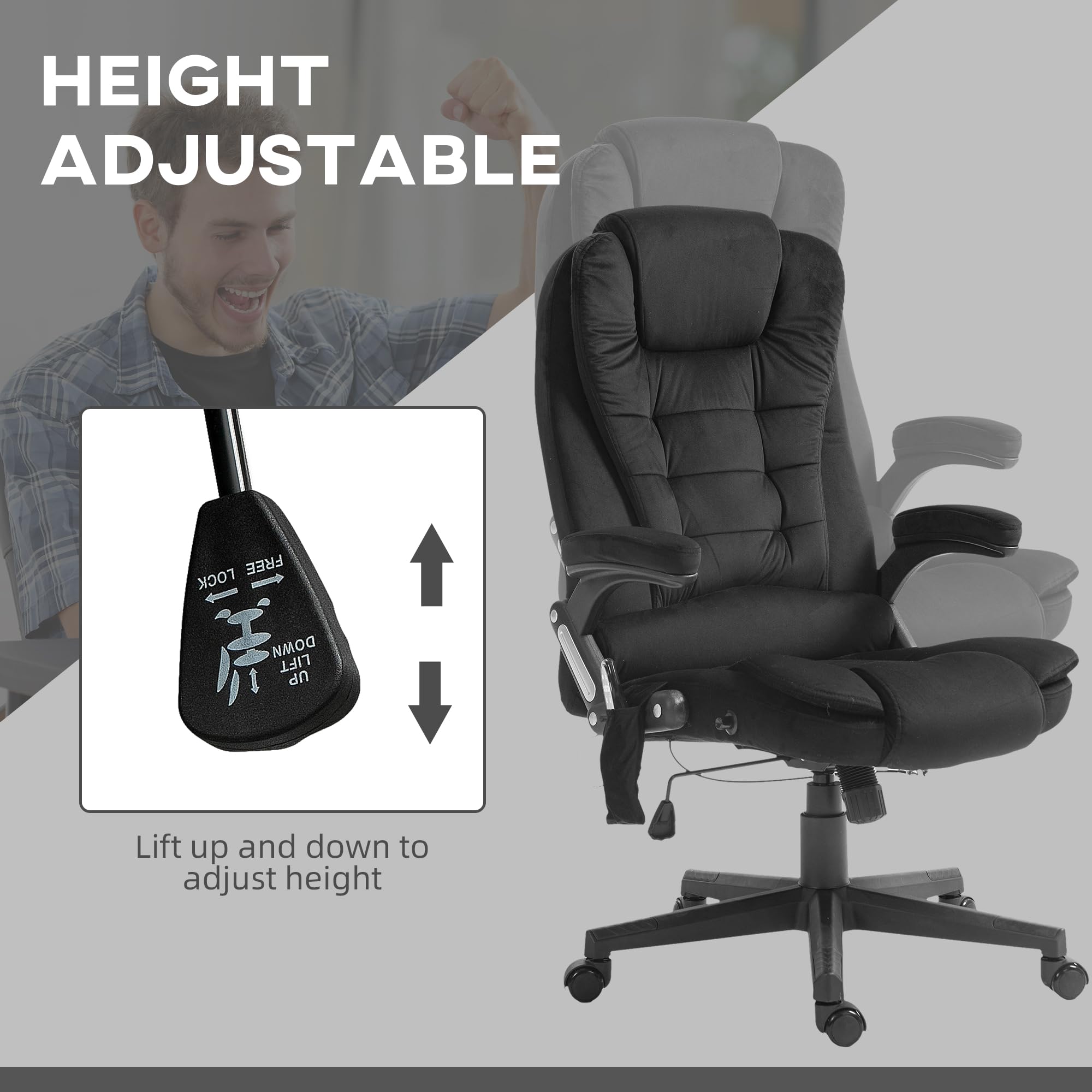HOMCOM 6 Point Vibrating Massage Office Chair with Heat, Velvet High Back Executive Office Chair with Reclining Backrest, Padded Armrests and Remote, Black