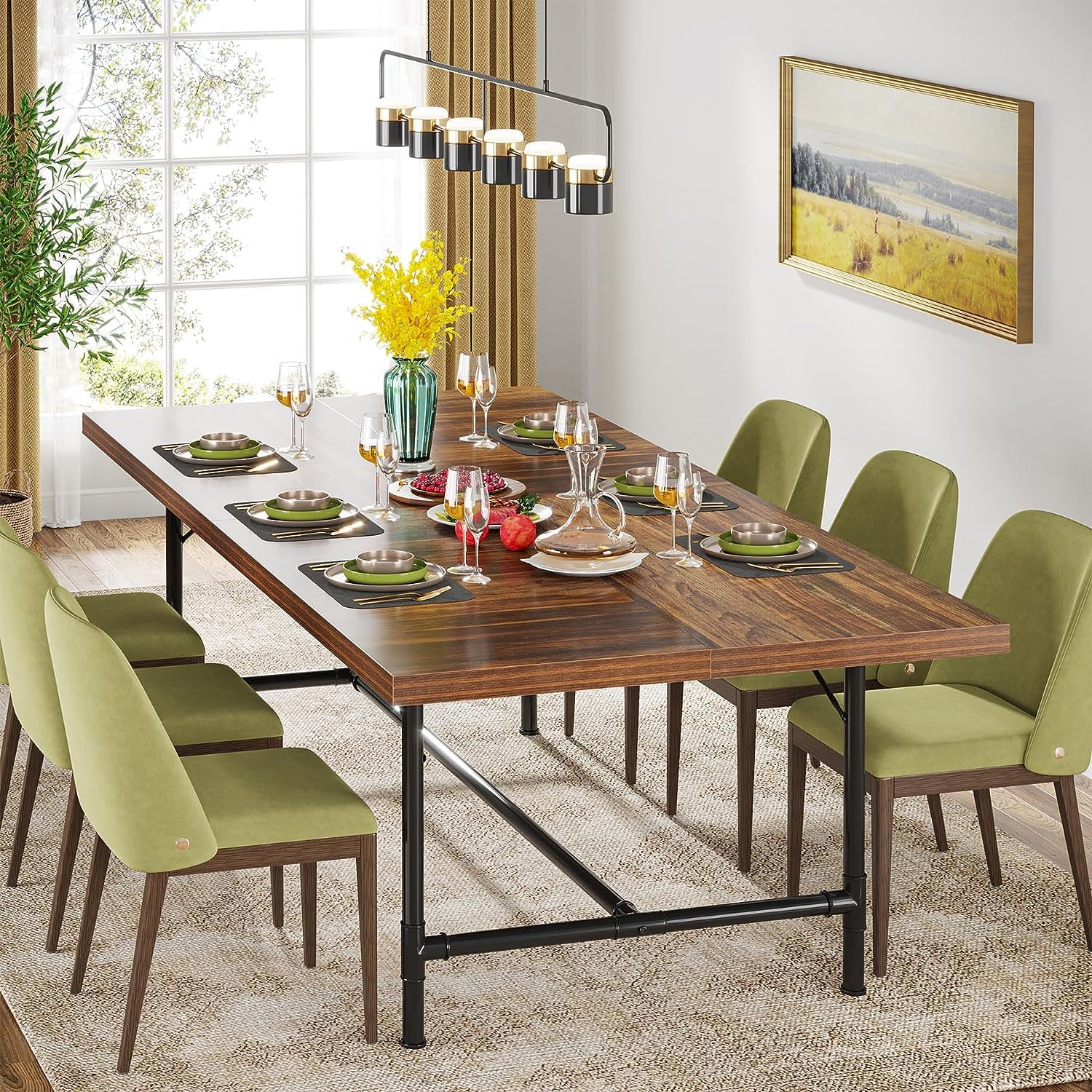 Tribesigns Dining Table for 6-8 People, 70.9-Inch Rectangle Wood Kitchen Table with Tube Metal Frame, Rustic Large Dining Room Table for Kitchen, Living Room
