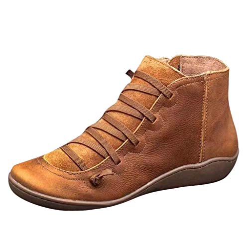 JMMSlmax Women Cute Round Toe Pull-on Comfortable Cowboy Cowgirl Ankle Boots Booties Casual Lace-up Side Zipper Flat Boots