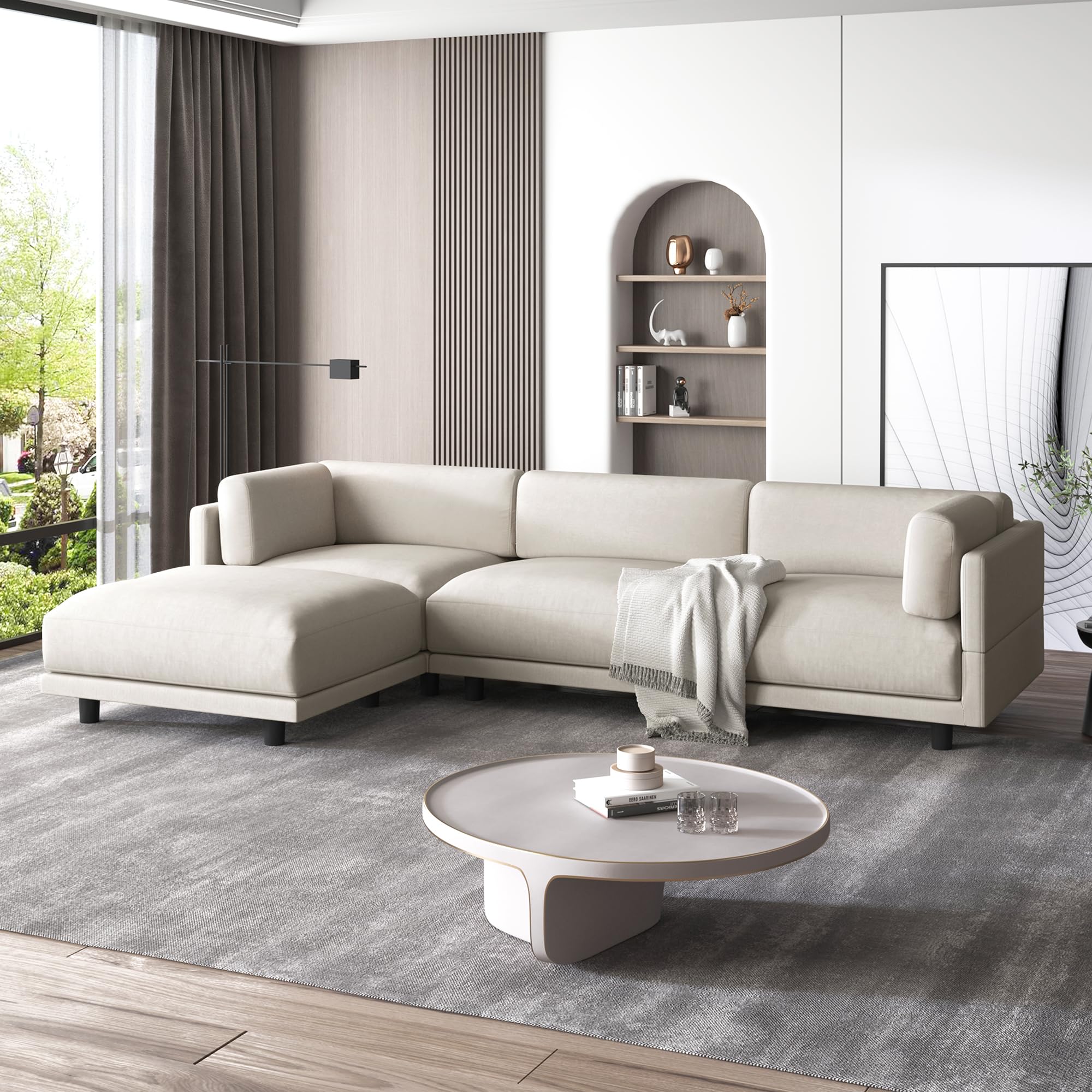 JURMALYN 102" Modern Sectional Sofa Couch with Ottoman for Living Room L Shaped Sofa Couch with Chaise Longue, Convertible Sectional Sofa Upholstered Couch-Beige