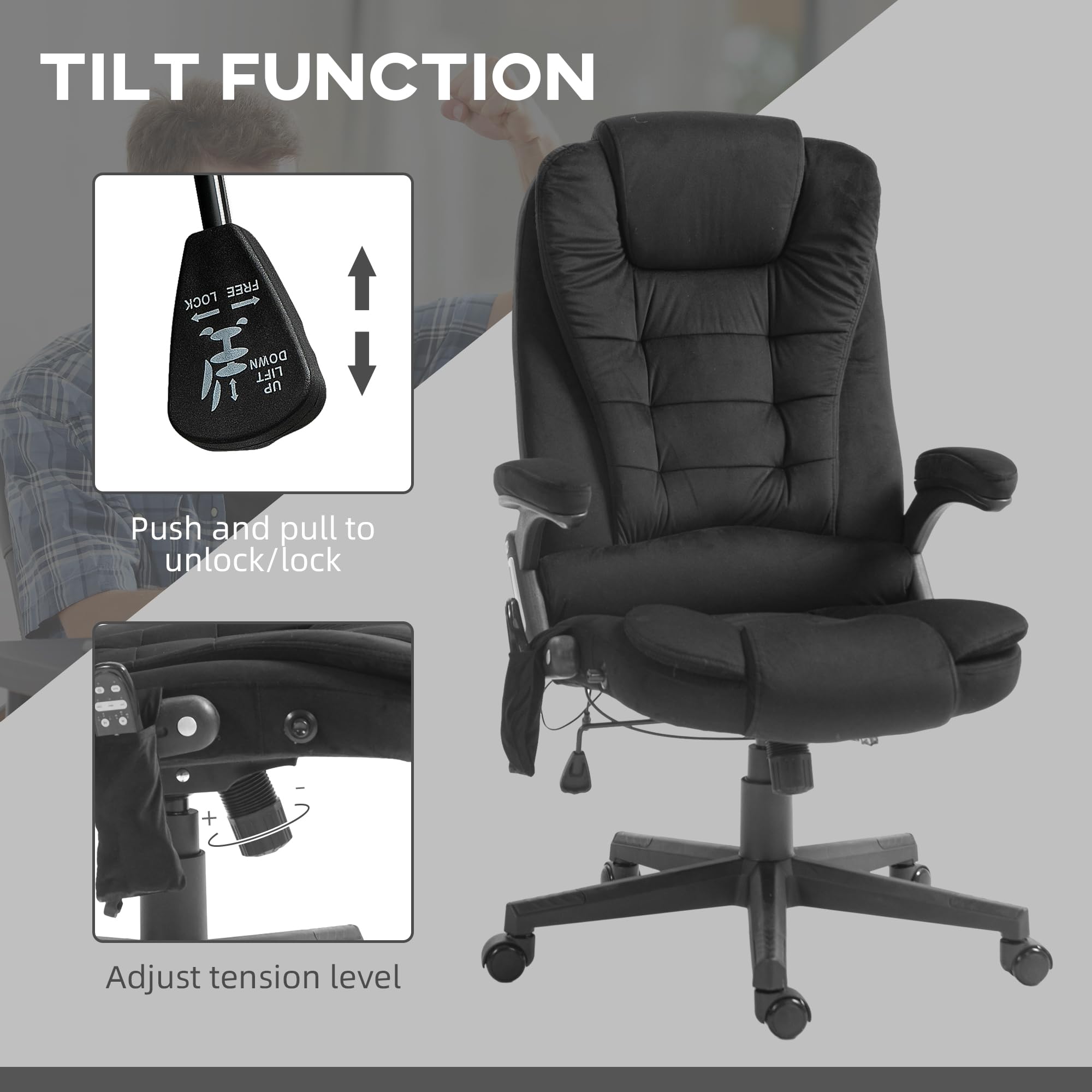 HOMCOM 6 Point Vibrating Massage Office Chair with Heat, Velvet High Back Executive Office Chair with Reclining Backrest, Padded Armrests and Remote, Black