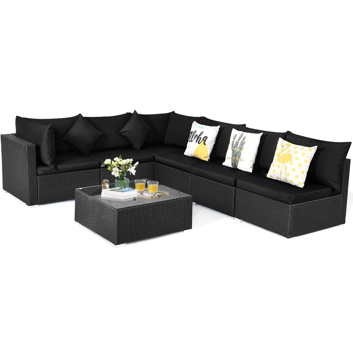 COSTWAY 7 Pieces Patio Furniture Set, Outdoor Rattan Conversation Set with 6 Seats, Coffee Tea Table, Soft Cushions, Wicker Patio Sectional Sofa for Garden Balcony Porch Poolside, Black