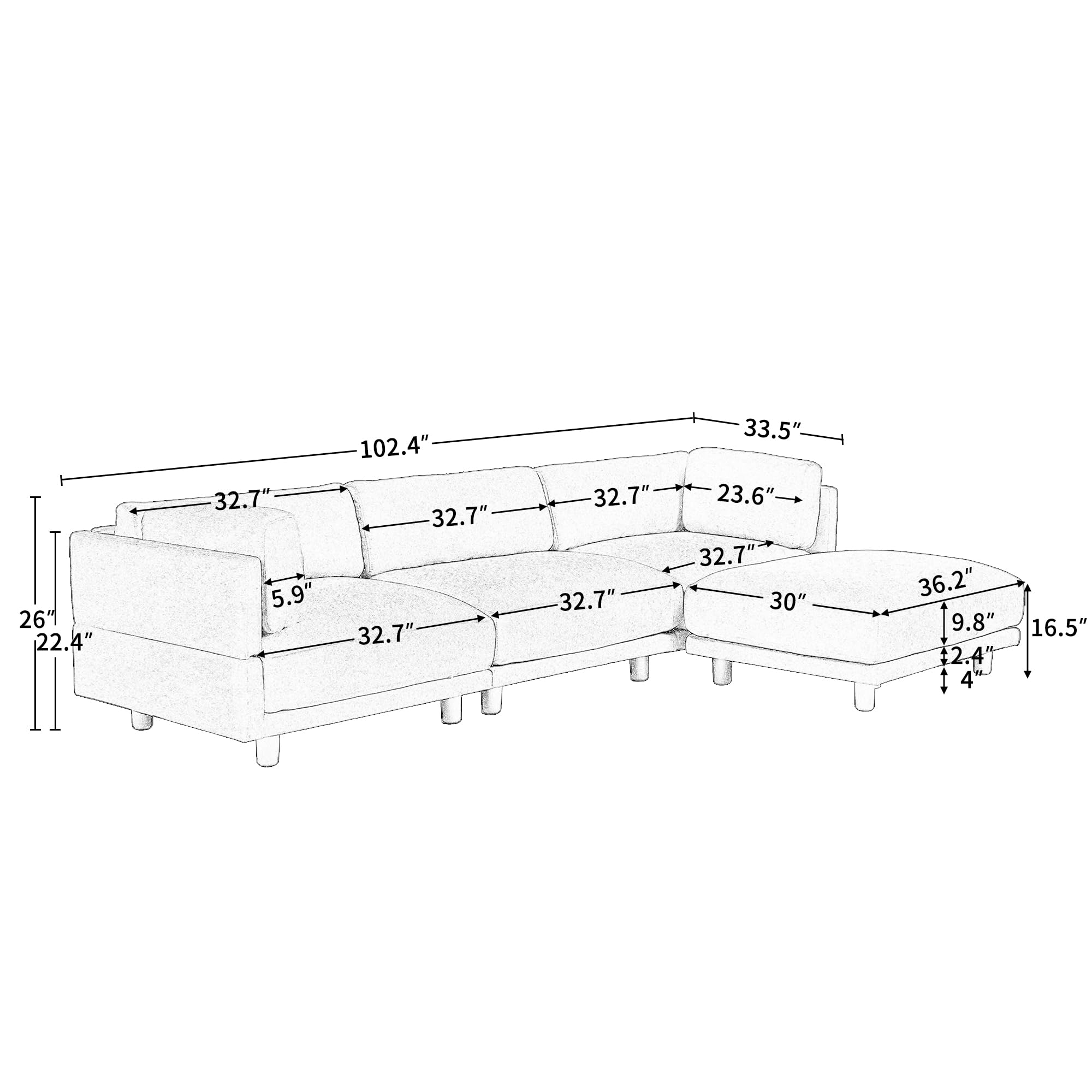 JURMALYN 102" Modern Sectional Sofa Couch with Ottoman for Living Room L Shaped Sofa Couch with Chaise Longue, Convertible Sectional Sofa Upholstered Couch-Beige