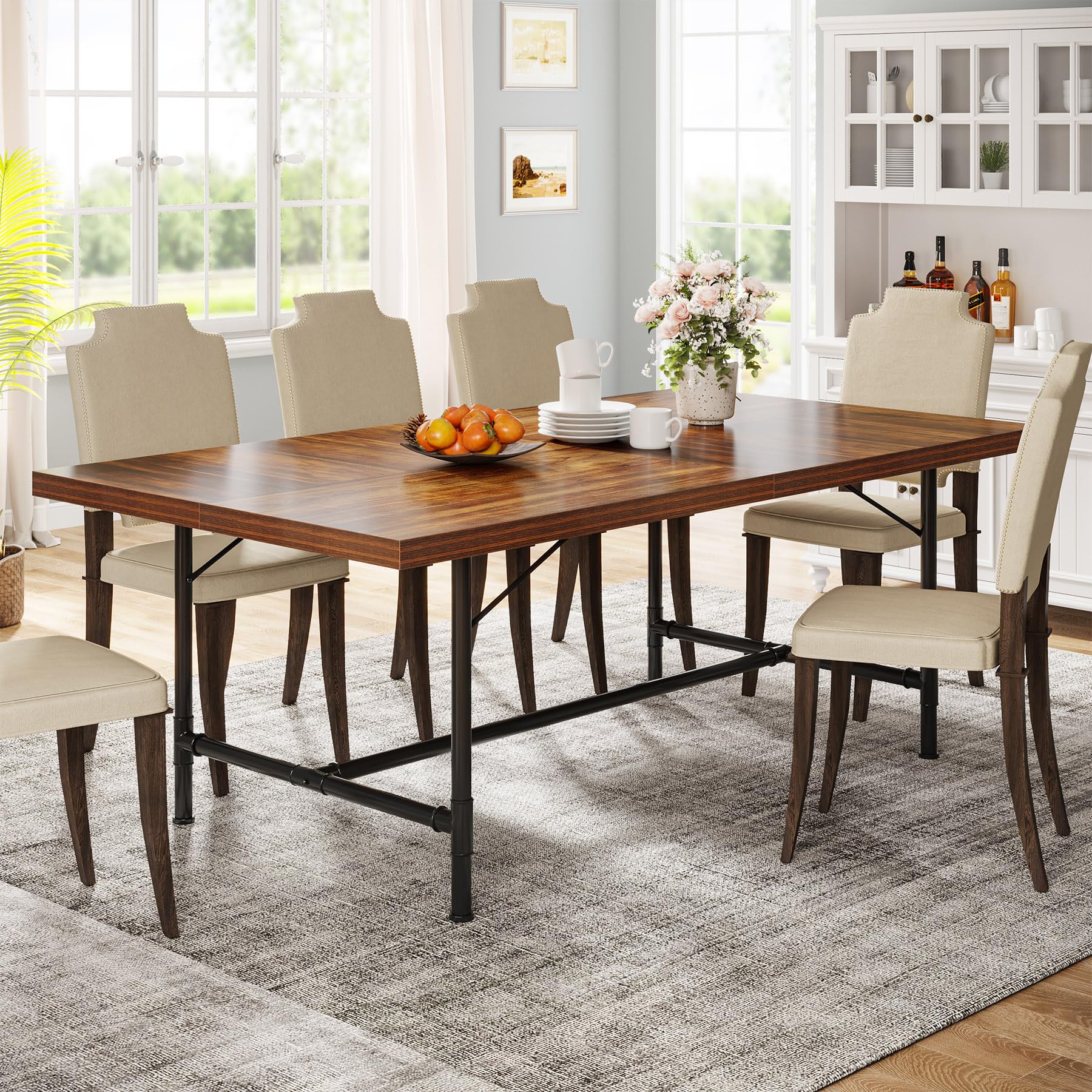 Tribesigns Dining Table for 6-8 People, 70.9-Inch Rectangle Wood Kitchen Table with Tube Metal Frame, Rustic Large Dining Room Table for Kitchen, Living Room