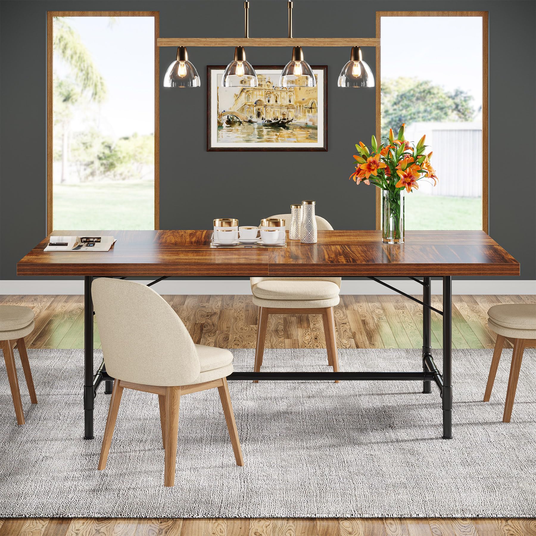 Tribesigns Dining Table for 6-8 People, 70.9-Inch Rectangle Wood Kitchen Table with Tube Metal Frame, Rustic Large Dining Room Table for Kitchen, Living Room