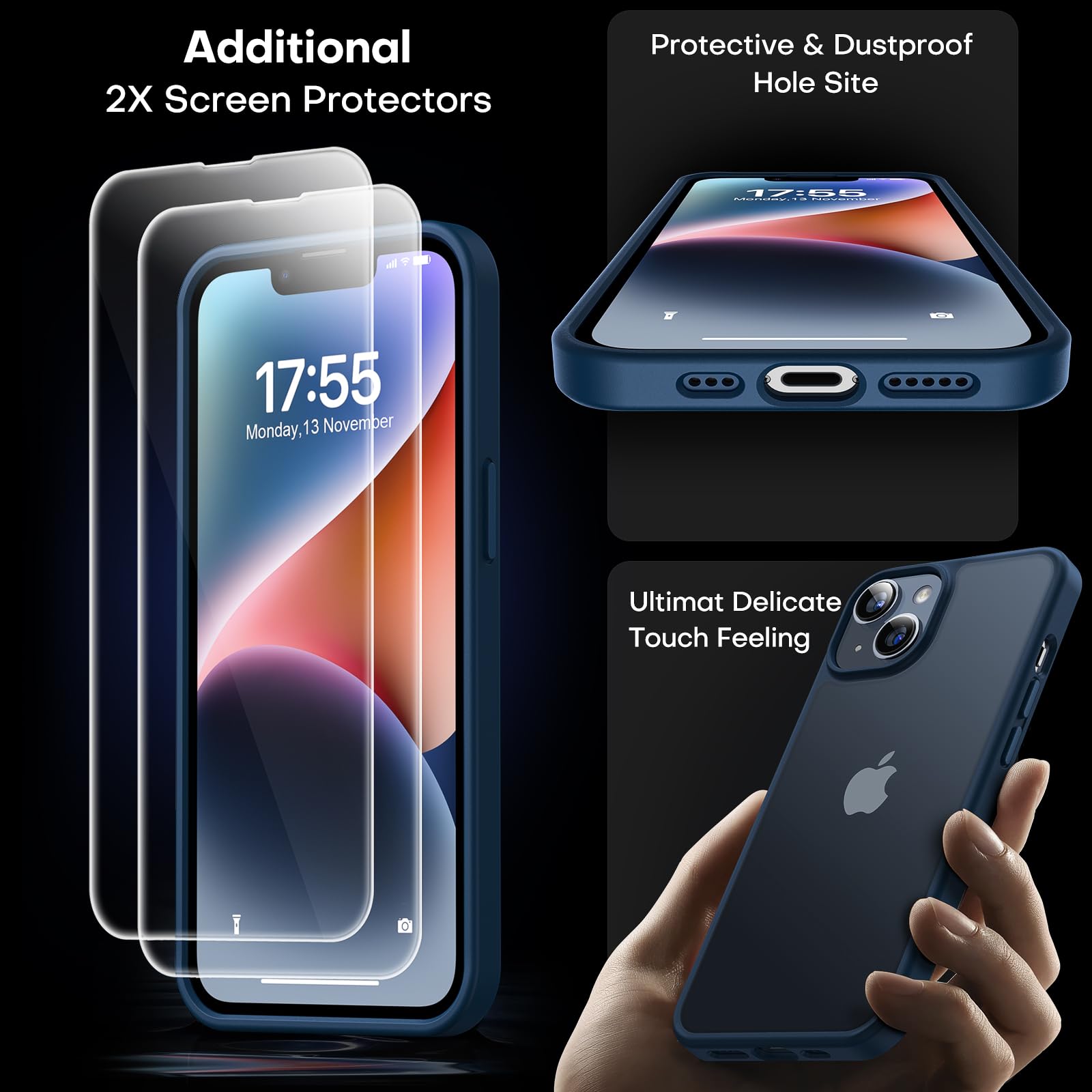 LϟK 3-in-1 for iPhone 13 Case for iPhone 14 Case, Translucent Matte Back with 2X Screen Protectors, [Military-Grade Drop Tested] Shockproof Slim Anti-Fingerprint Phone Case for iPhone 13/14, Blue