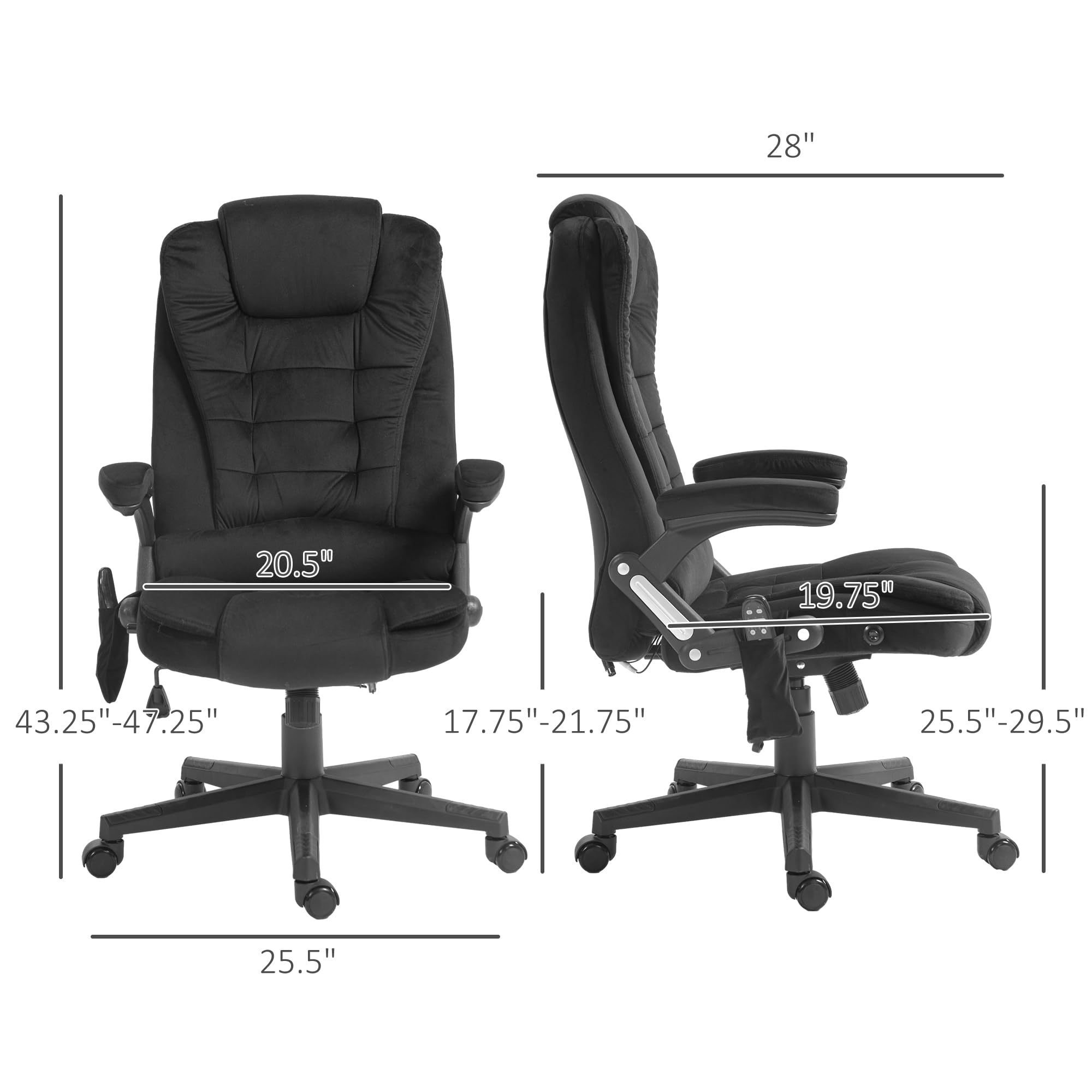 HOMCOM 6 Point Vibrating Massage Office Chair with Heat, Velvet High Back Executive Office Chair with Reclining Backrest, Padded Armrests and Remote, Black