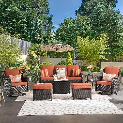 XIZZI Patio Furniture Set Outdoor All Weather Wicker 7 Pieces Conversation Sofa with High Back Swivel Rocking Chairs Matching Side Table,Ottomans and Coffee Table,Brown Wicker Orange Red