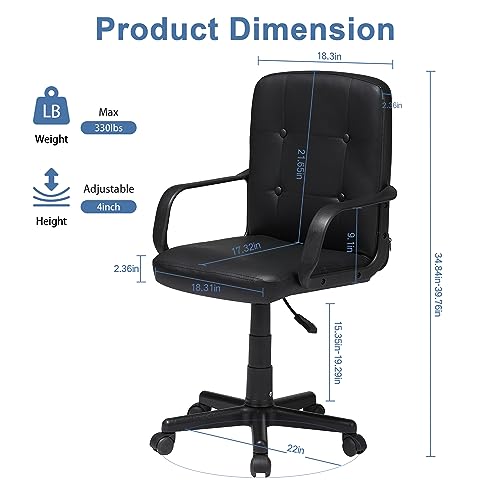 VECELO Home Office Desk Chair with Armrests,Mid Back Adjustable Height, 360-Degree Swivel, 330 Pound Capacity, Black, Set of 1